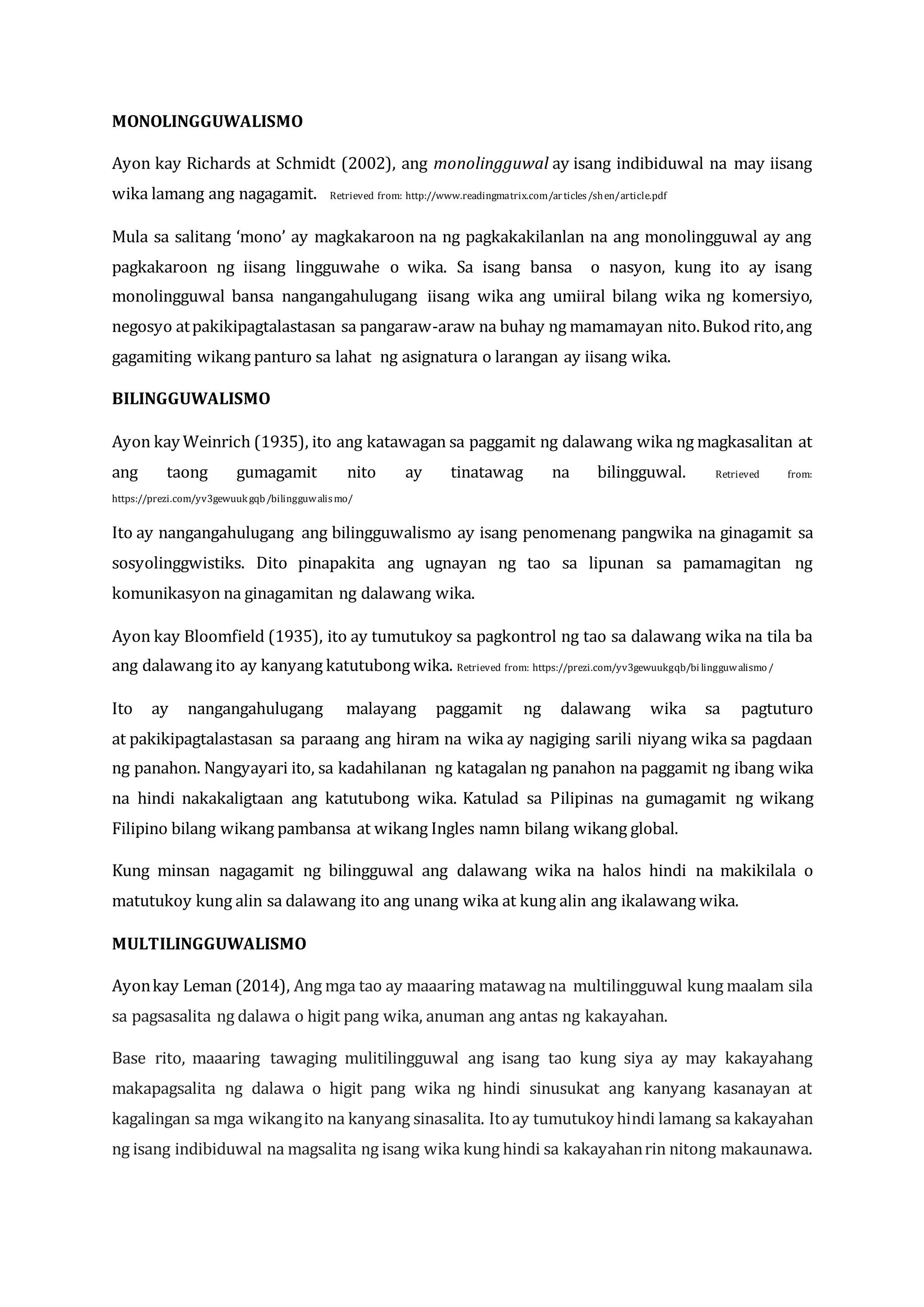 Modyul 1: Monolingguwalismo, Bilingguwalismo, Multilingguwalismo at ...