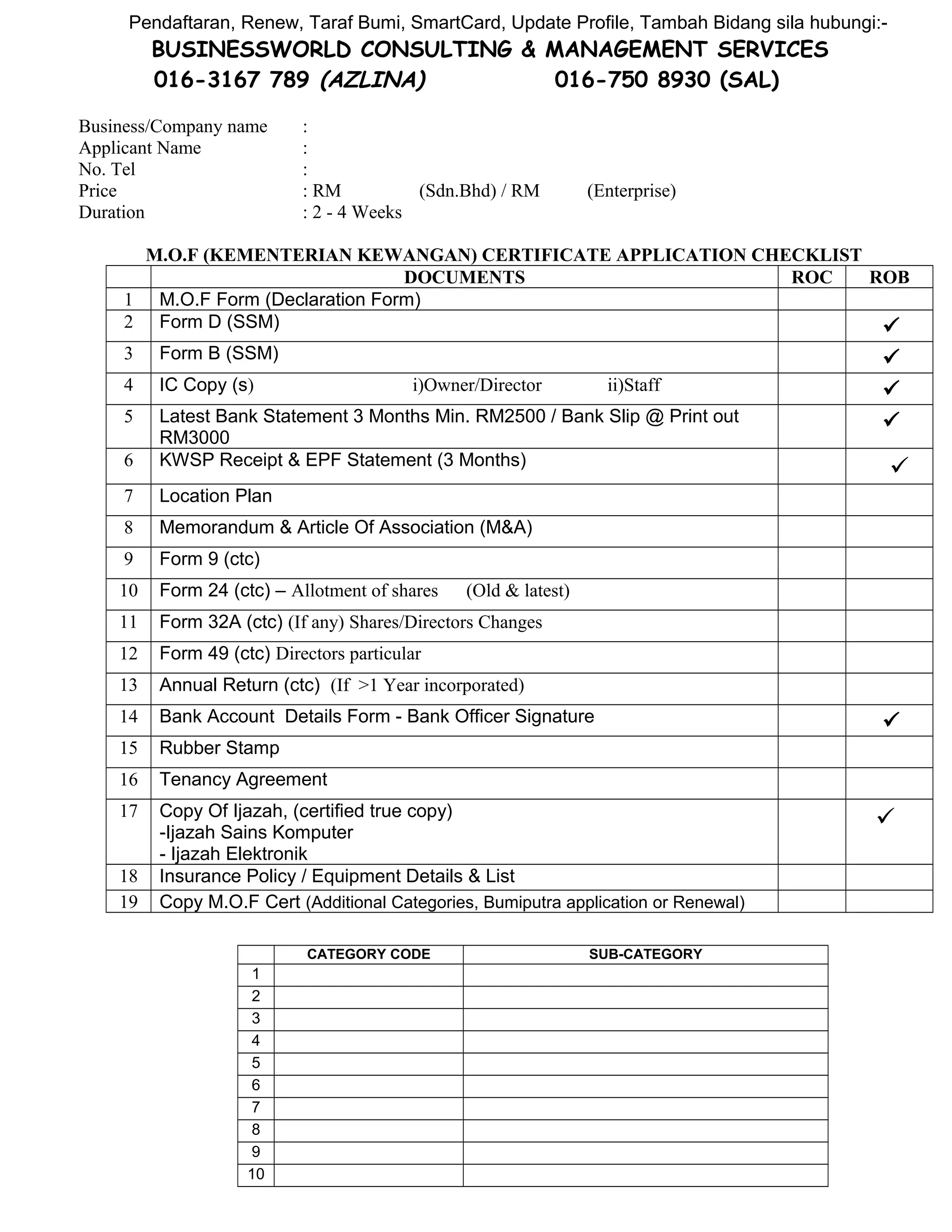 Mof checklist mof cert | DOC