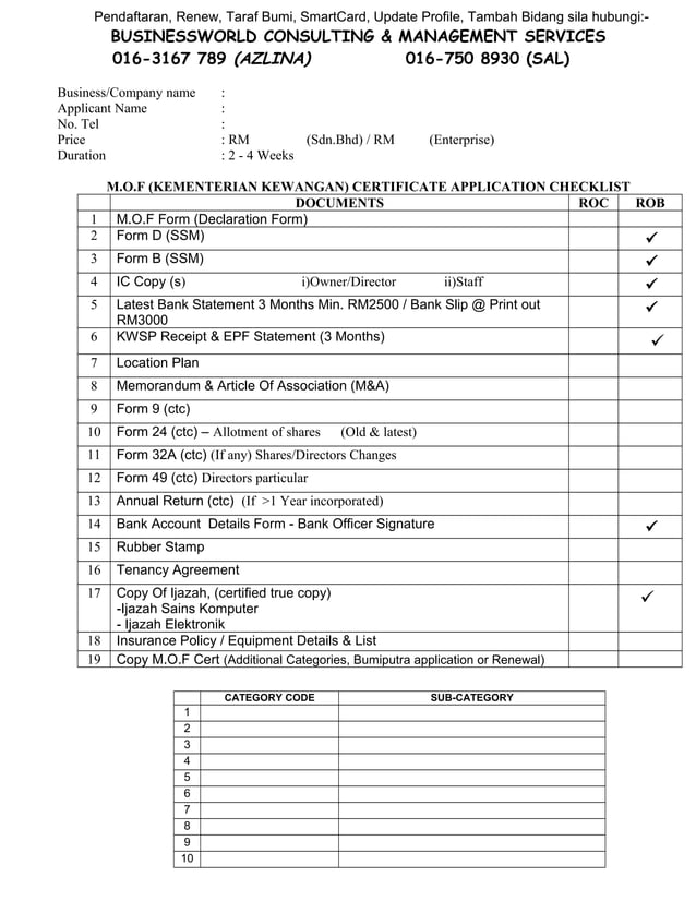 Mof checklist mof cert | DOC