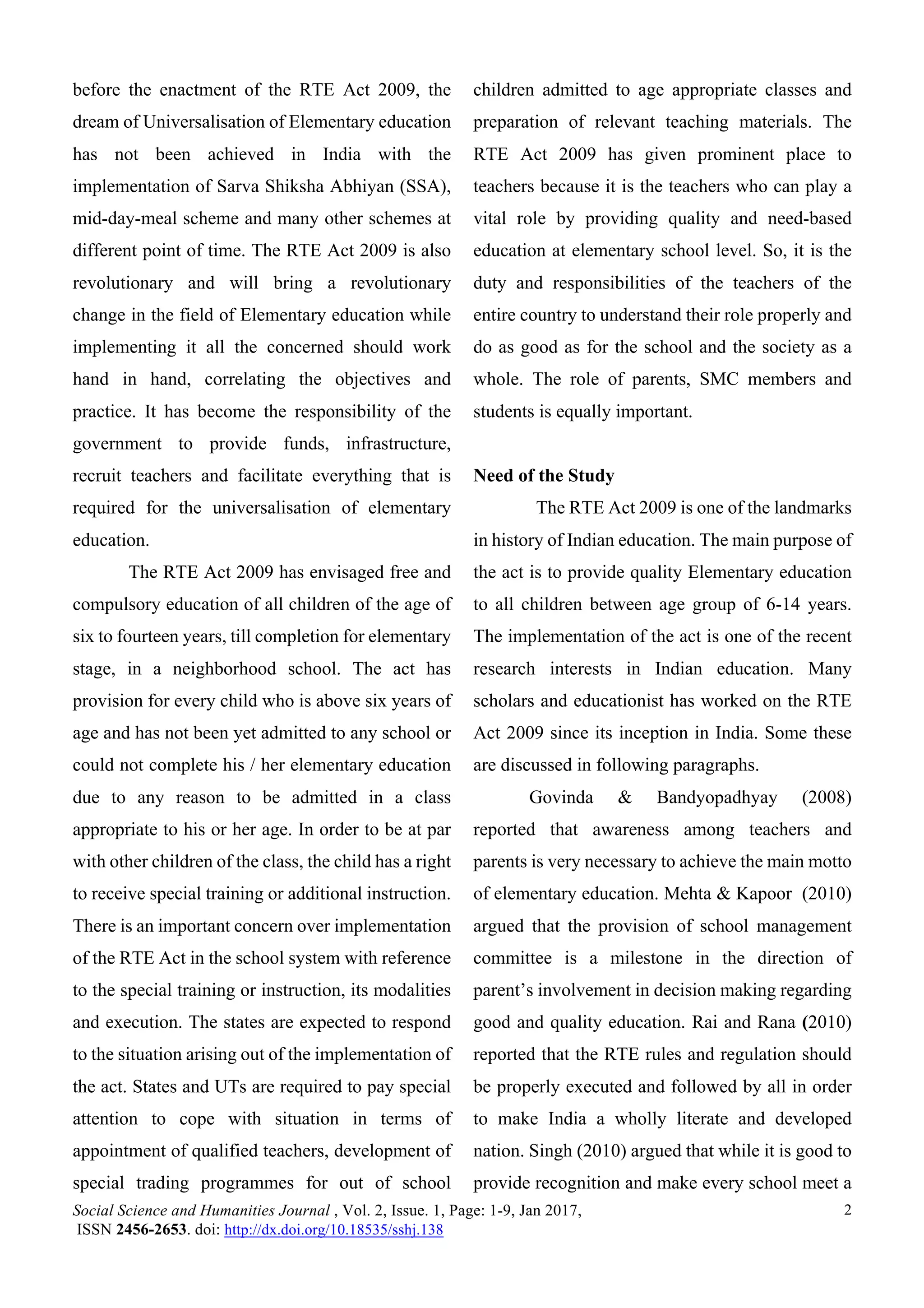 Awareness, Initiatives and Challenges in Implementation of the RTE Act 2009 in Odisha | PDF