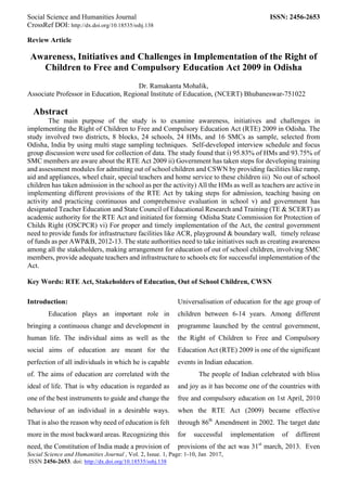 Awareness, Initiatives and Challenges in Implementation of the RTE Act 2009 in Odisha | PDF
