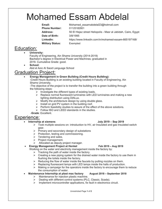 Mohamed essam-resume | PDF | Civil Engineering Industry | Industries