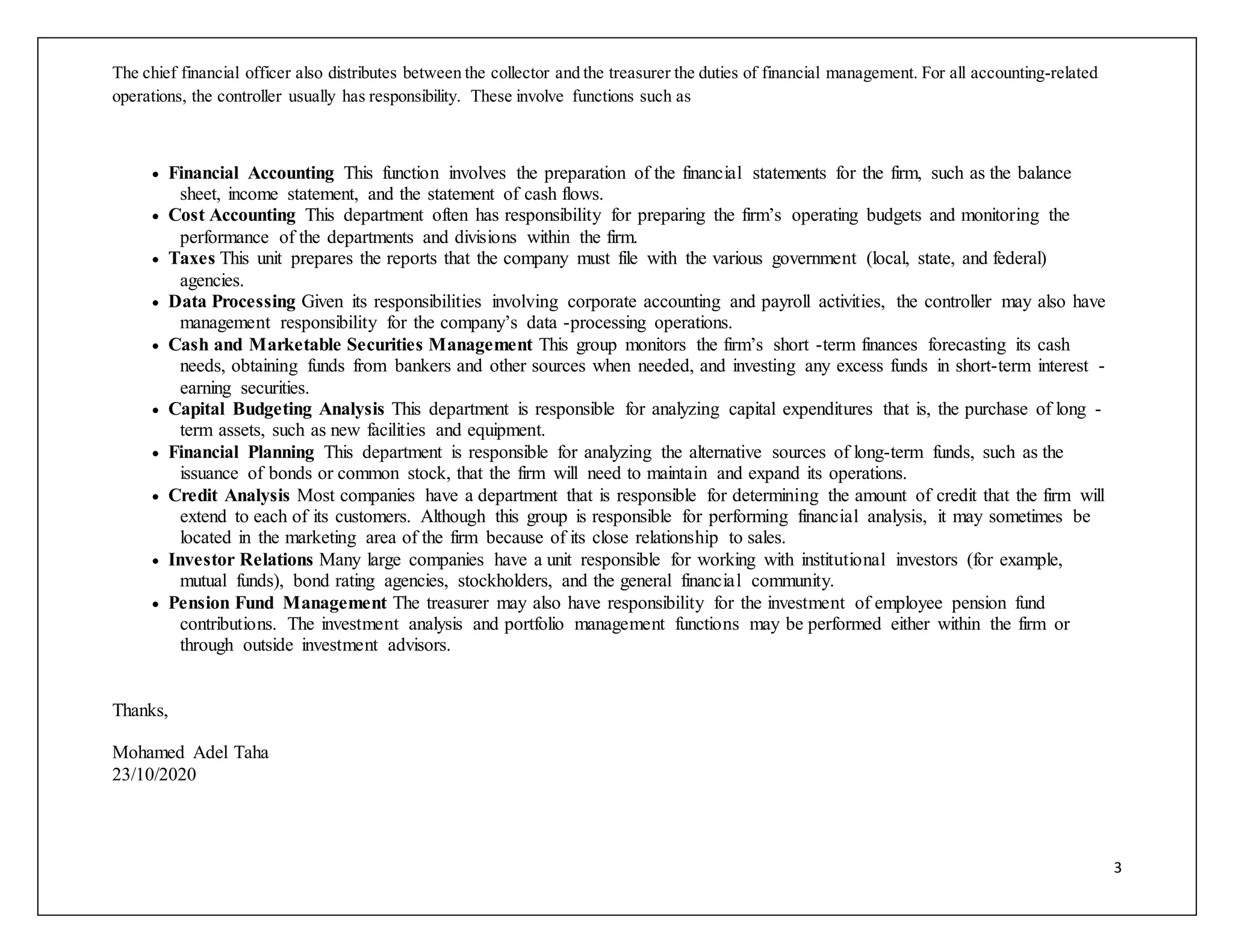 financial management objectives & the organization chart of financial ...