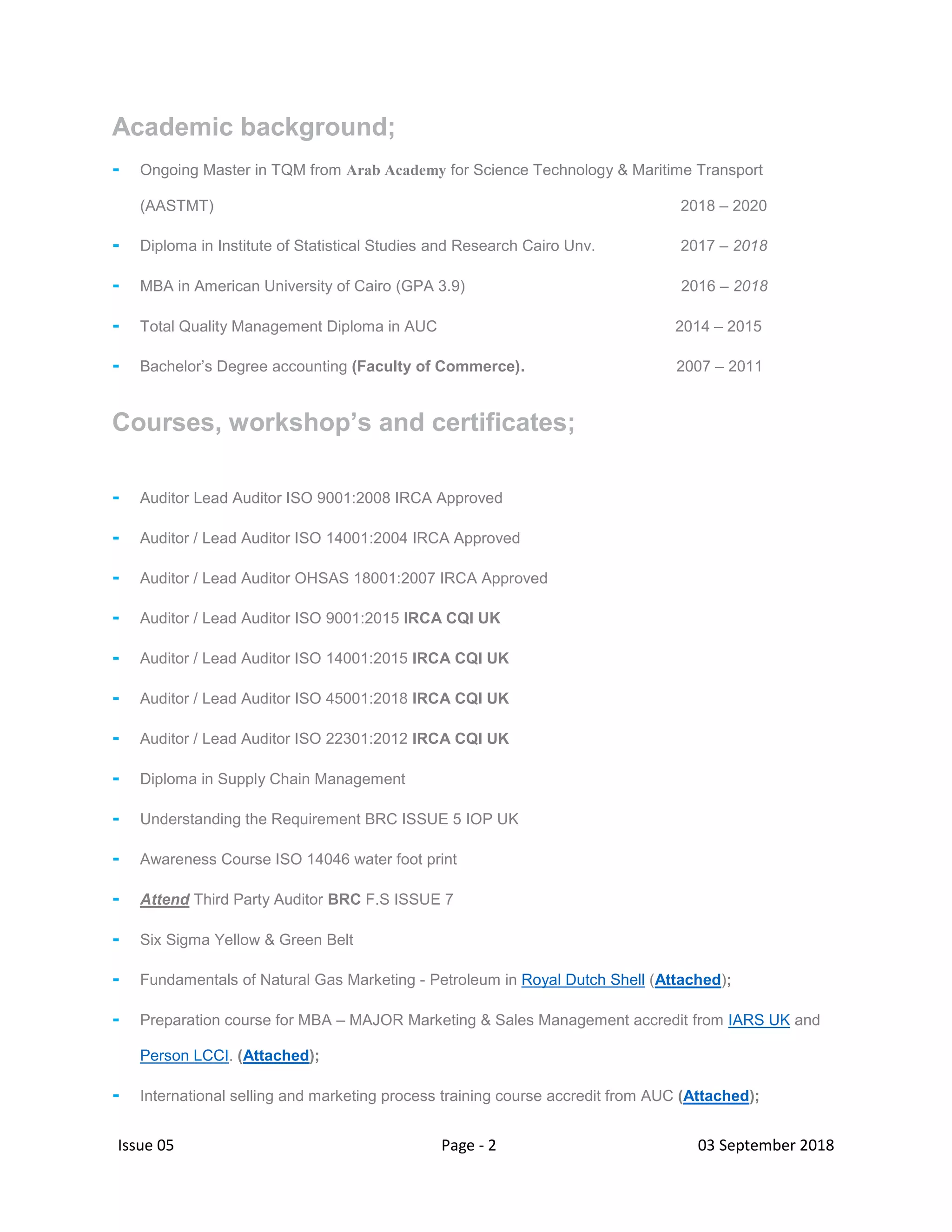 Mohamed Hamdy Auditor & Trainer CV | PDF