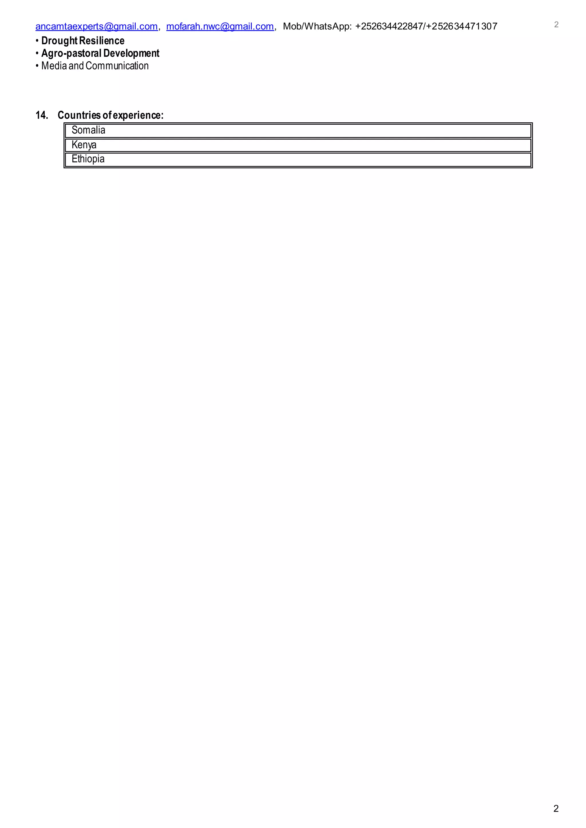 CV Somalia. 2021. Mohamed Farah CV - CV in Somalia, CV of Somali Expert | DOCX