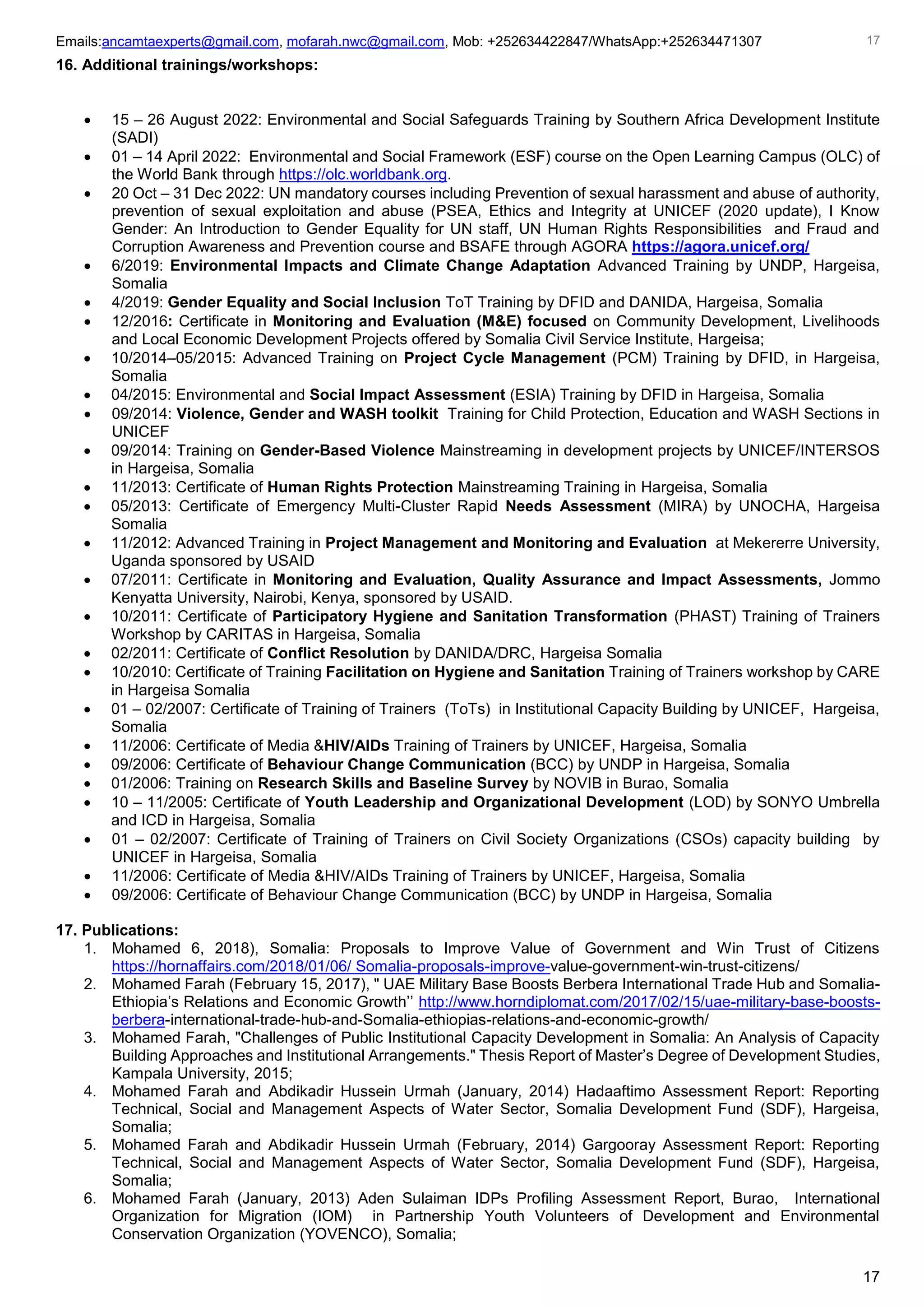CV Somalia Somali Expert CV - Mohamed Farah - PME | DOCX