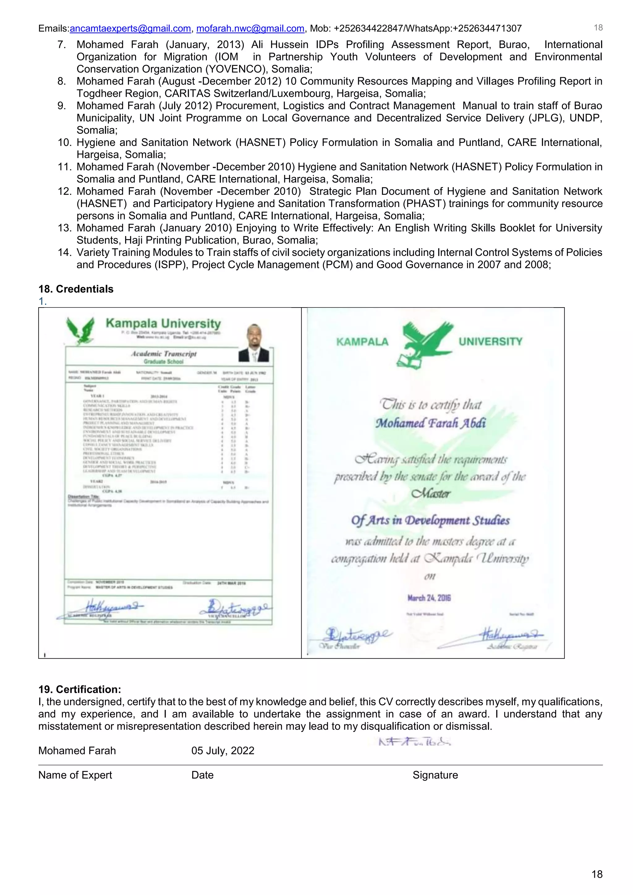 CV Somalia Somali Expert CV - Mohamed Farah - PME | DOCX