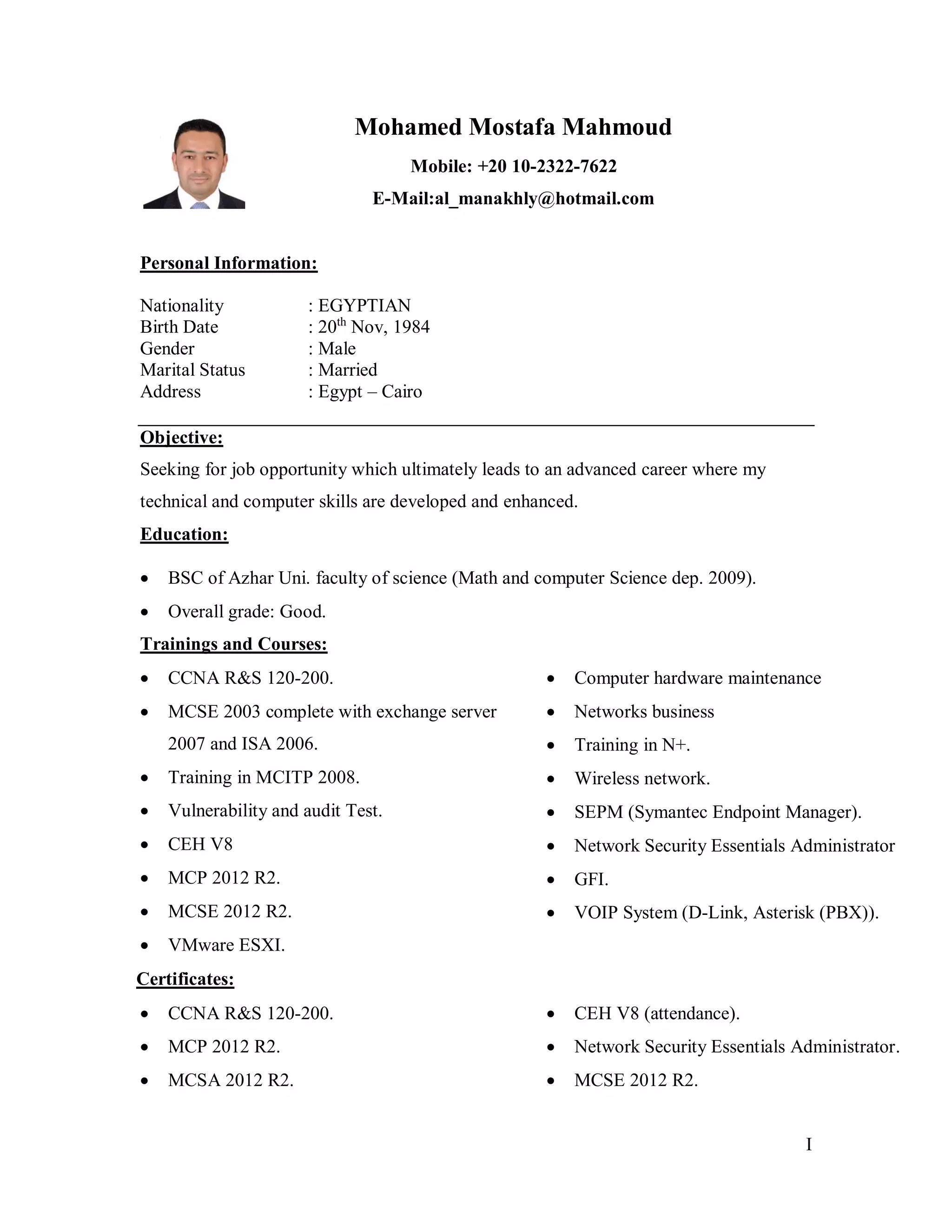 Mohamed mostafa cv | PDF | Operating Systems | Computer Software and ...