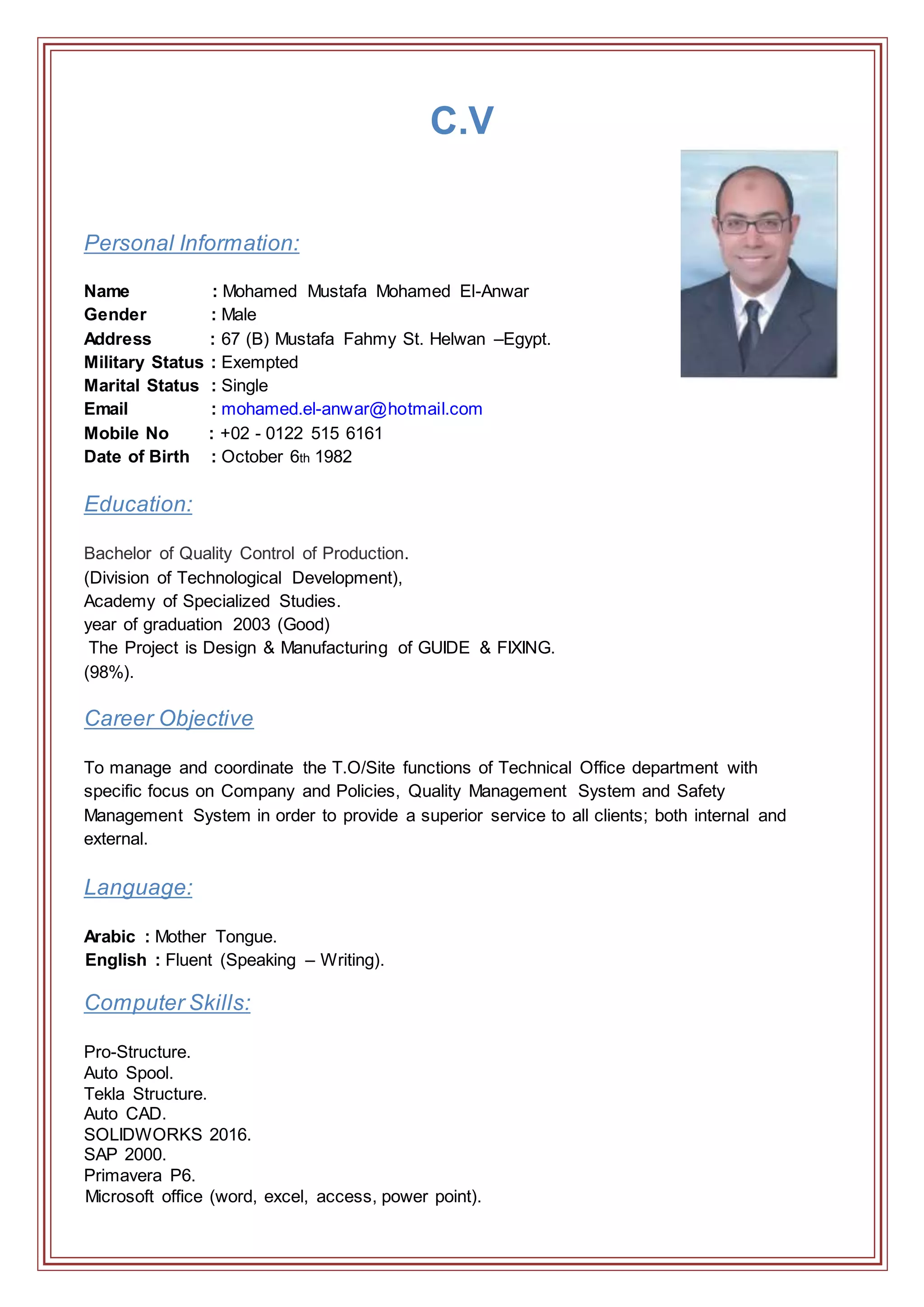 Mohamed mustafa mohamed el anwar .general lifting supervisor & lifting plan designer | PDF