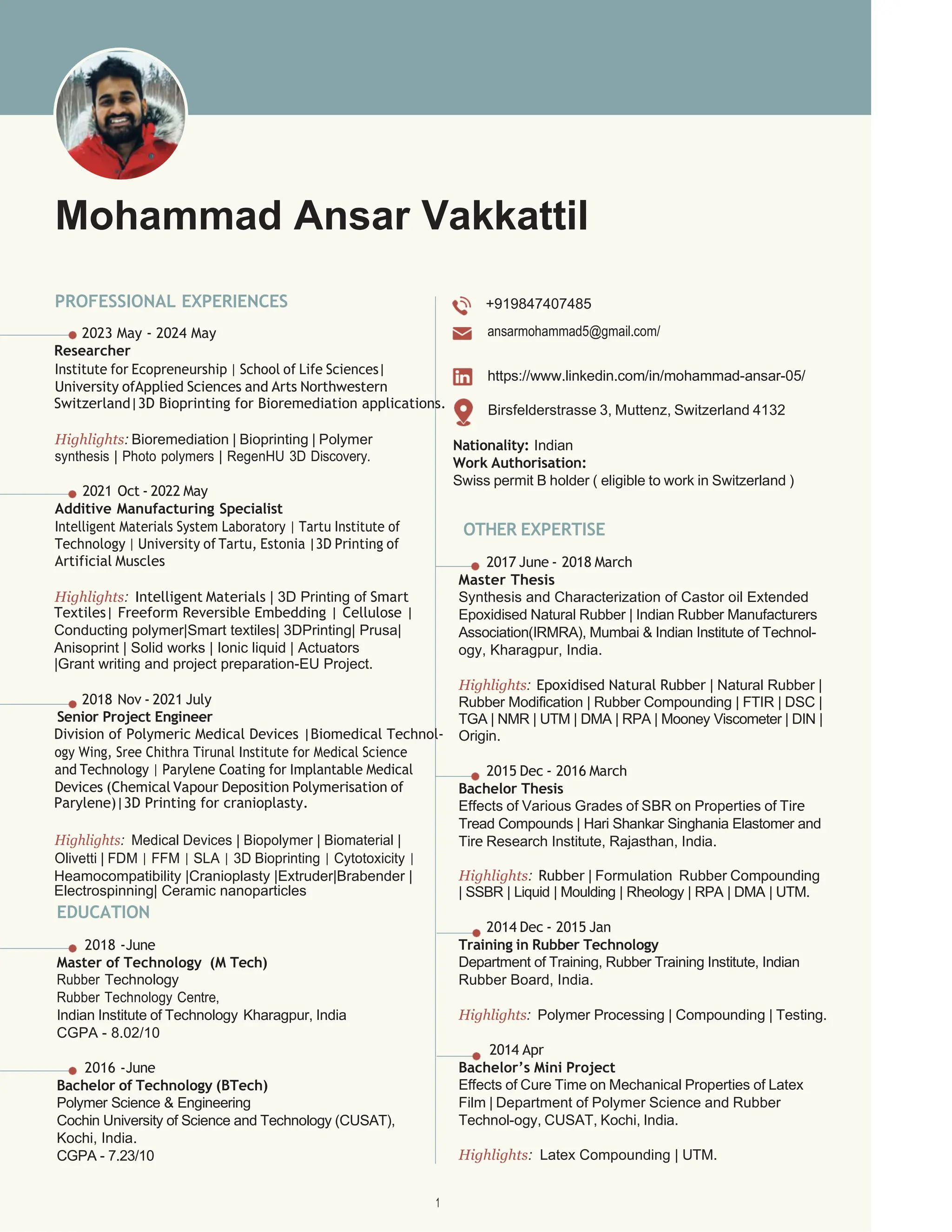 Mohammad Ansar Vakkattil CV 3D Printing Polymer | PDF