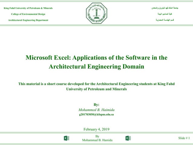 Microsoft Excel: Applications of the Software in the Architectural Engineering Domain | PPT