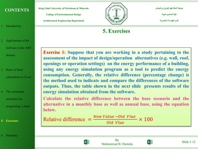 Microsoft Excel: Applications of the Software in the Architectural Engineering Domain | PPT