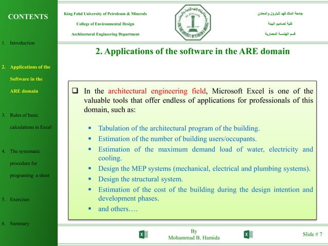 Microsoft Excel: Applications of the Software in the Architectural Engineering Domain | PPT