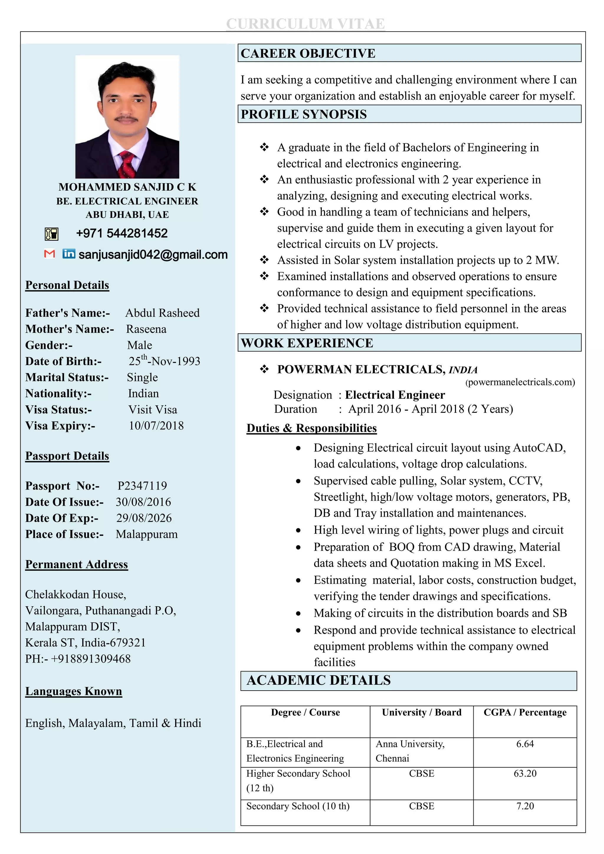 Mohammed sanjid ck electrical engineer | PDF