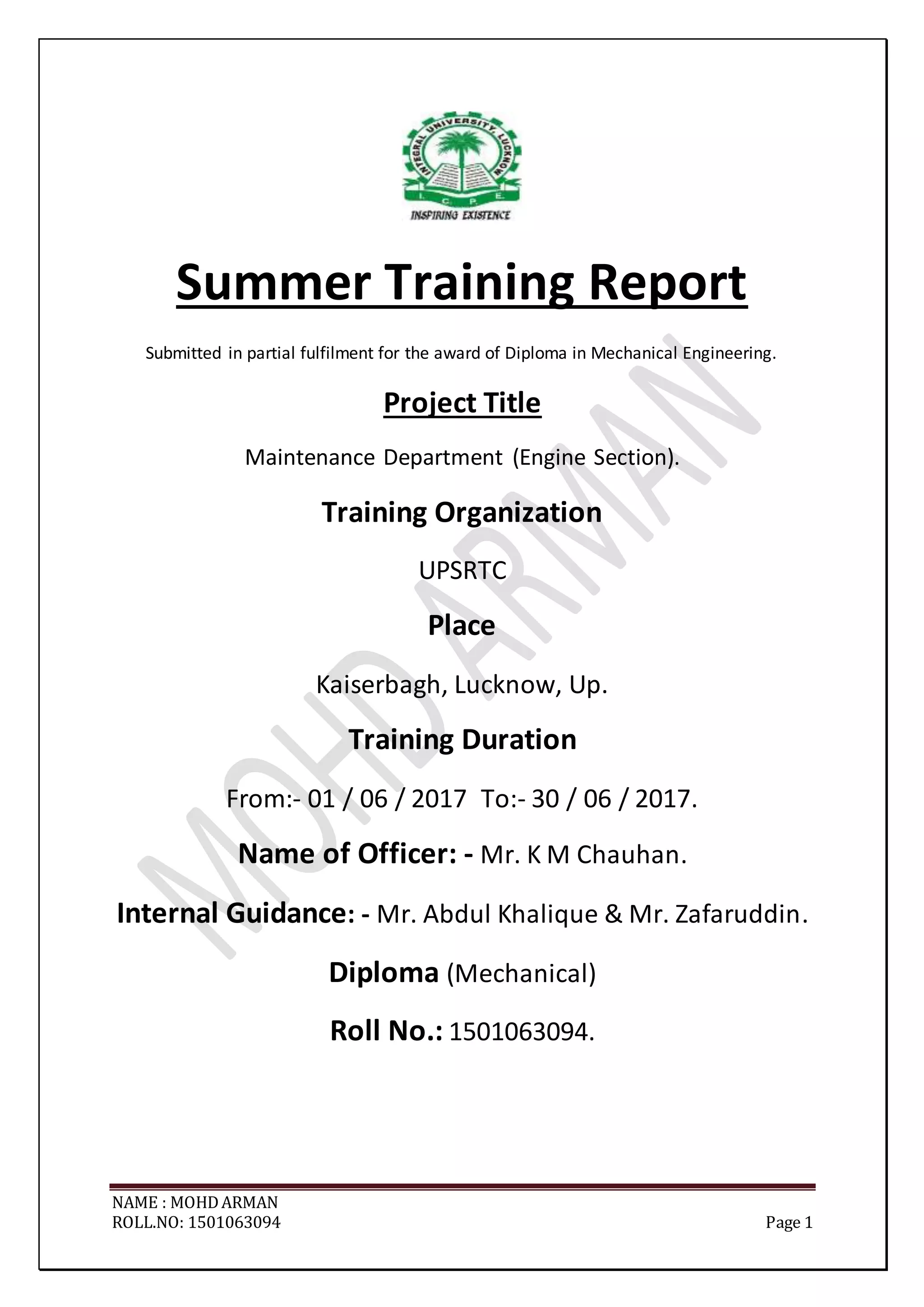 Summer Training Report for Diploma (mechanical) Students | DOCX