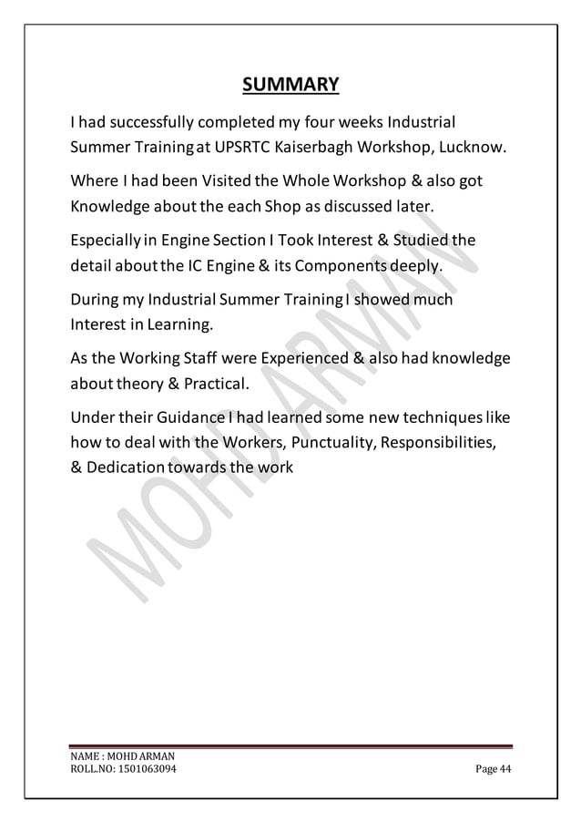 Summer Training Report for Diploma (mechanical) Students | DOCX