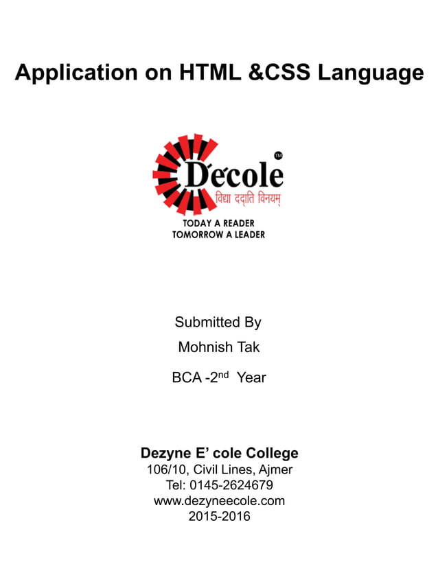 Mohnish Tak,3rd Year ,Project on HTML and CSS | PDF