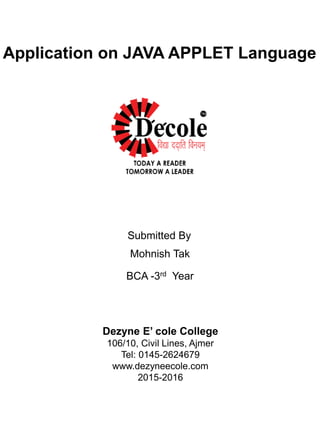 Mohnish Tak ,3rd year ,Project on Java Applet | PDF