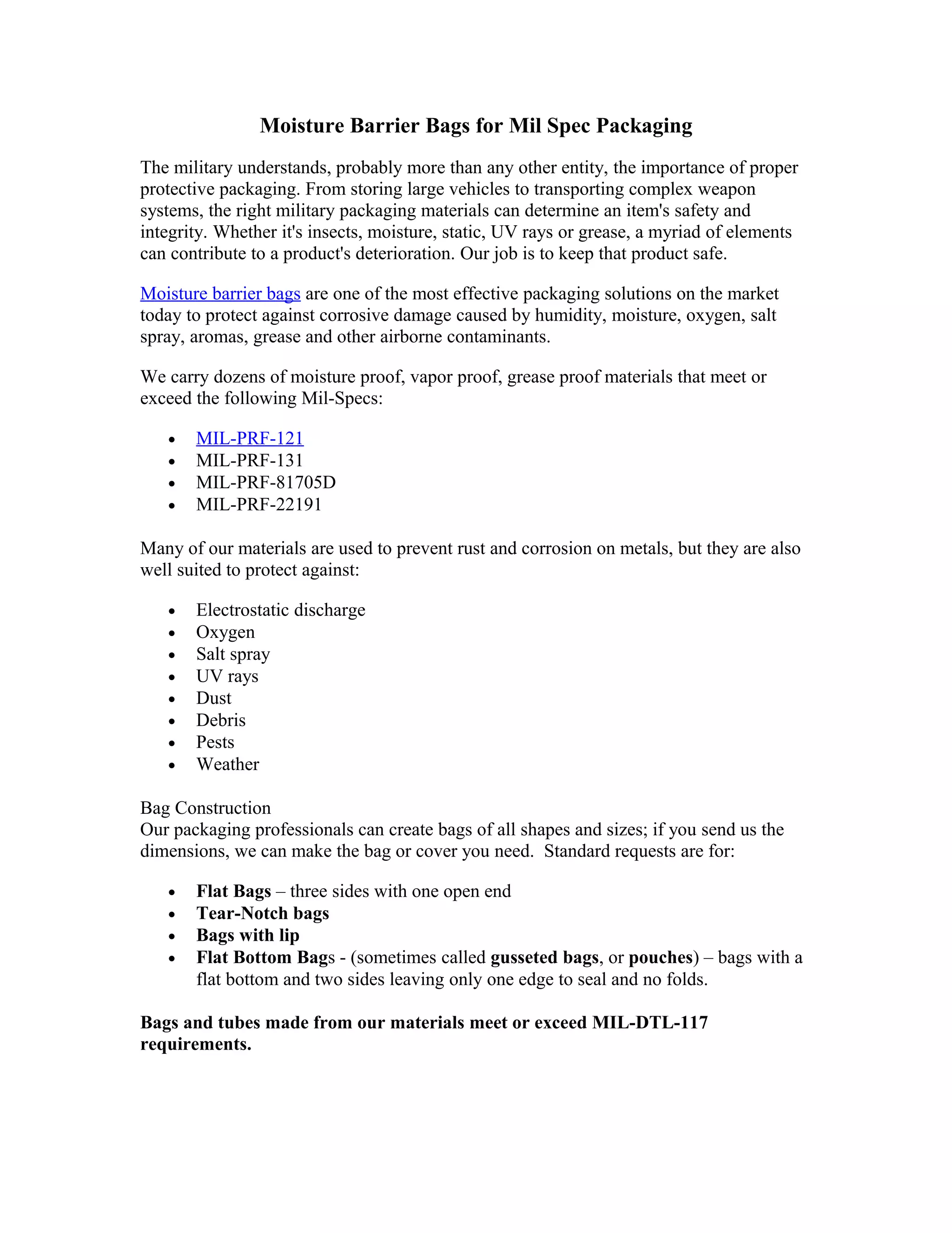 Moisture Barrier Bags for Mil Spec Packaging | DOC