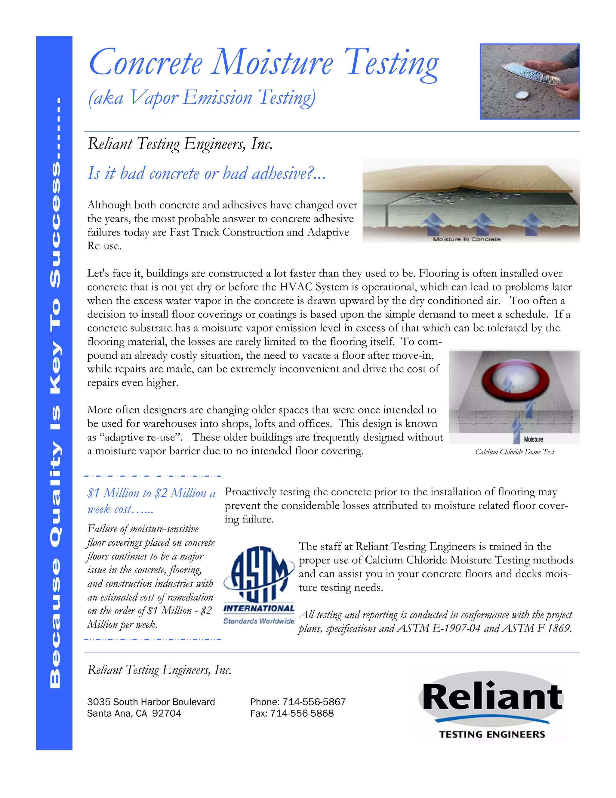 Reliant Testing Engineers Moisture testing flyer | PDF