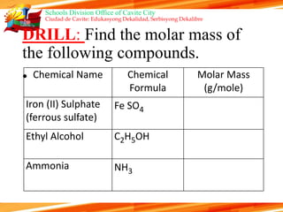 Molar mass ppt, drill | PPTX | Chemistry | Science