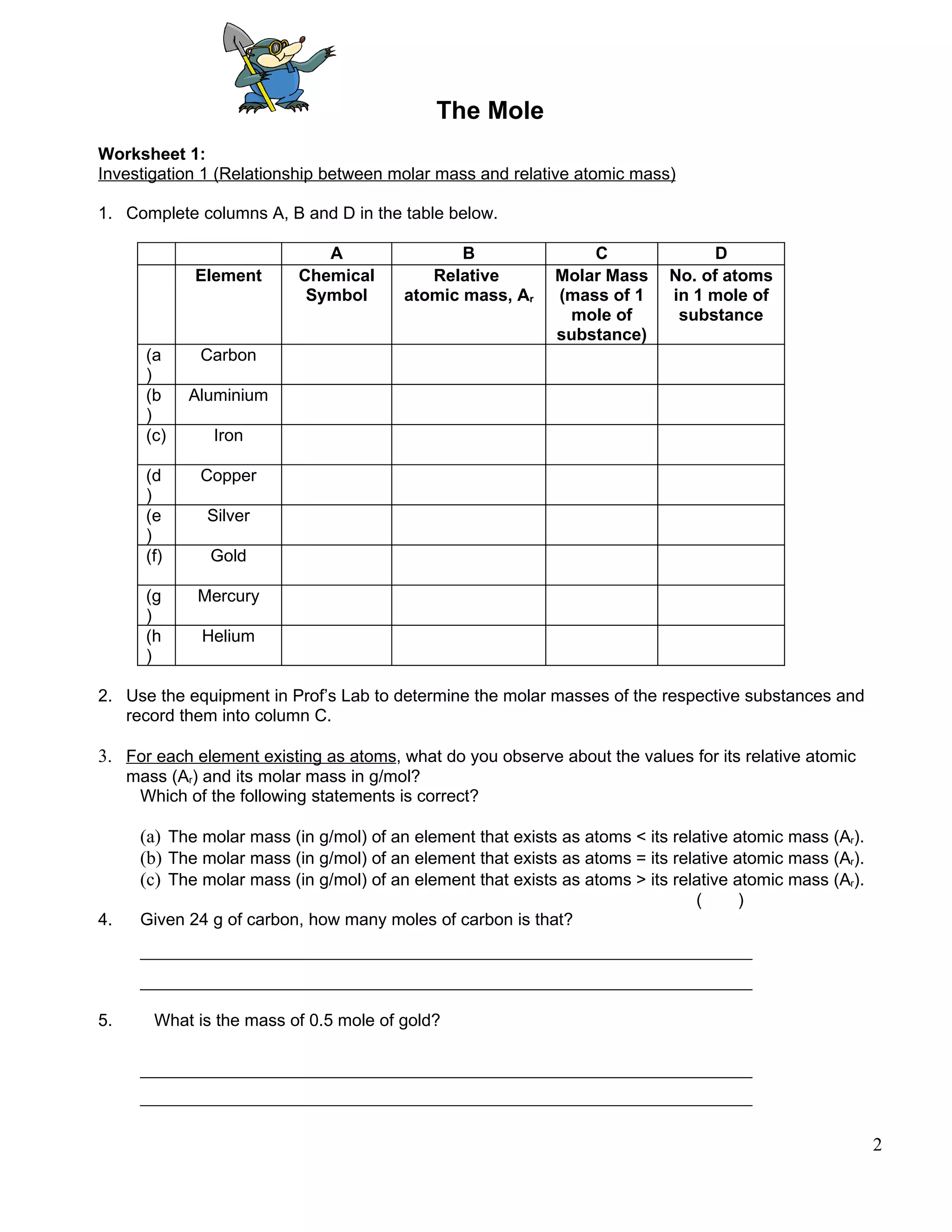 Mole And Molar Mass Notes | DOC | Chemistry | Science