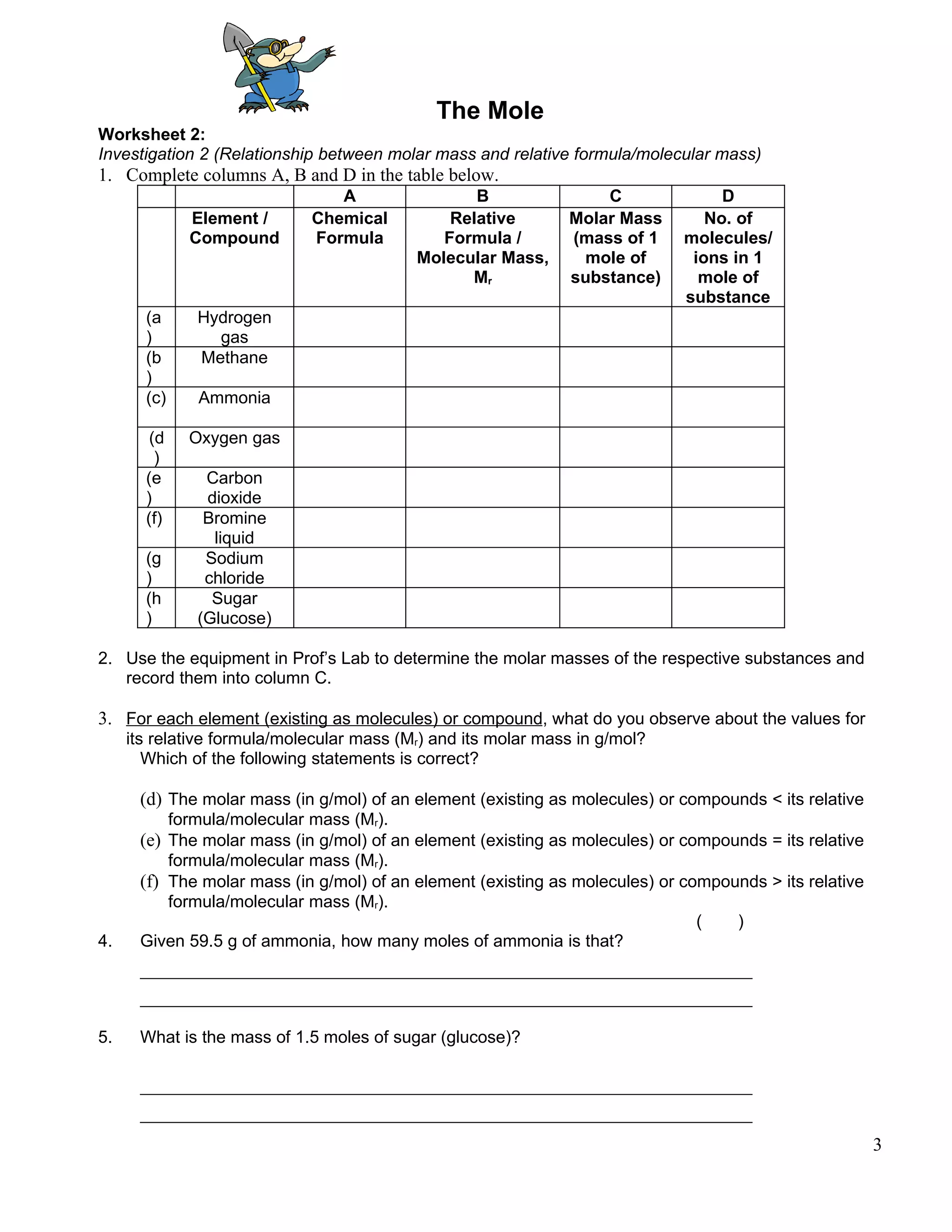 Mole And Molar Mass Notes | DOC | Chemistry | Science