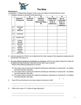 Mole And Molar Mass Notes | DOC | Chemistry | Science