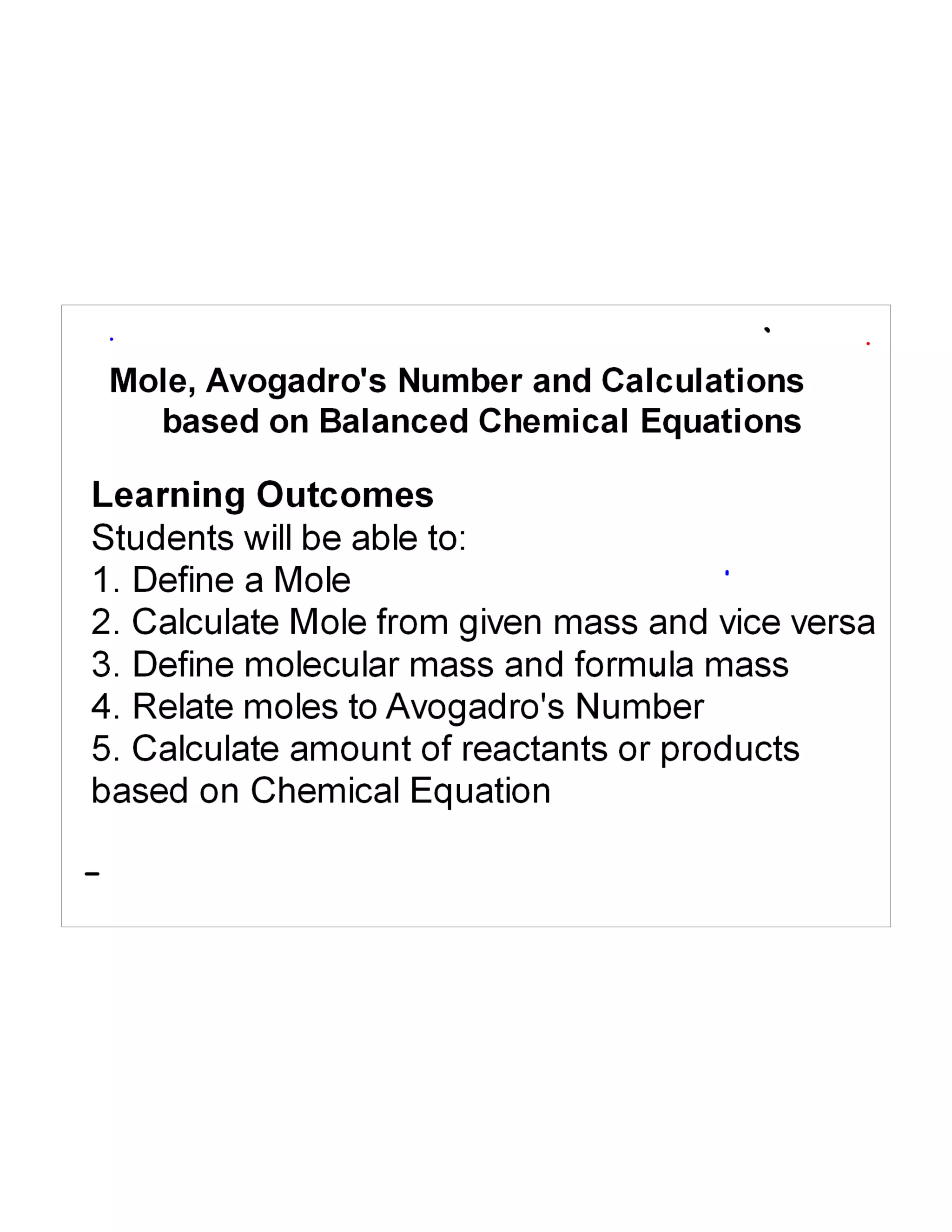 Mole, avogadro's number and calculations based on balanced chemical ...