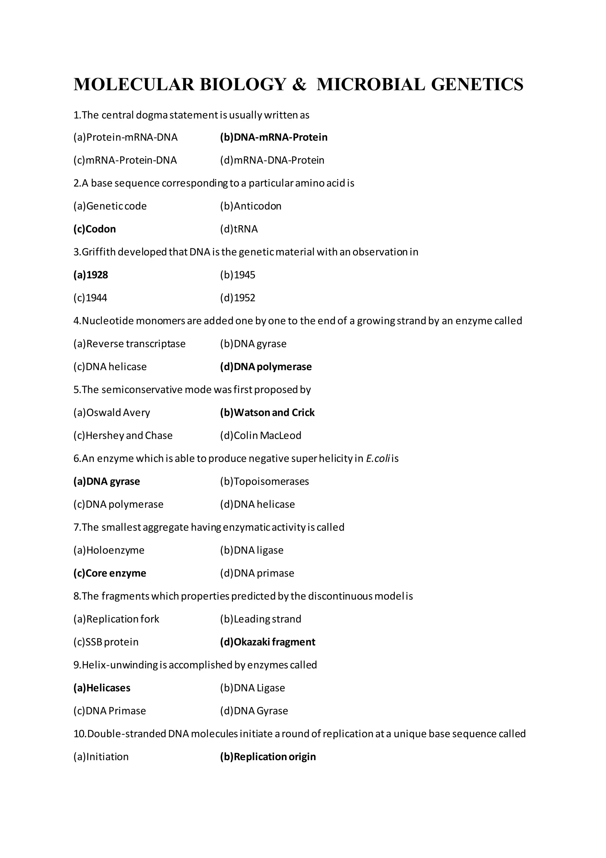 Molecular biology MCQ | DOCX