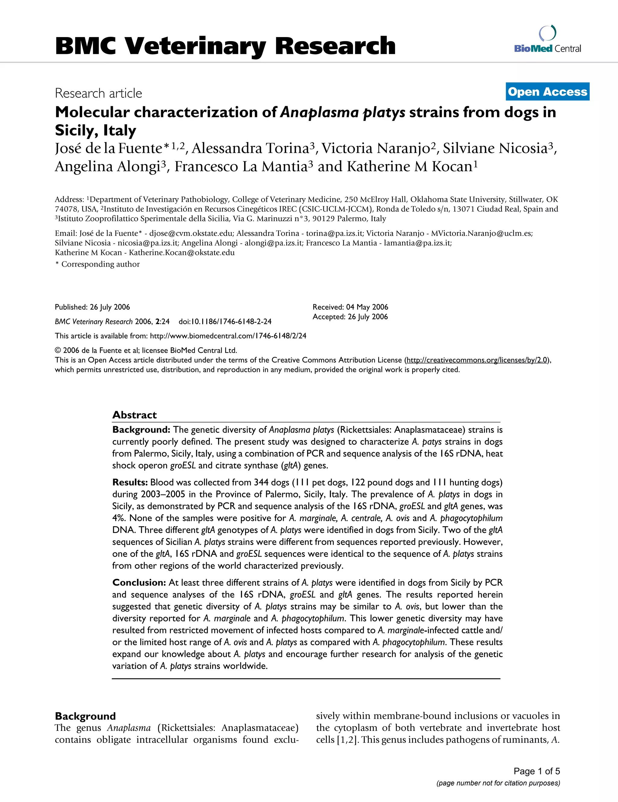 Molecular characterization of anaplasma platys strains from dogs in ...