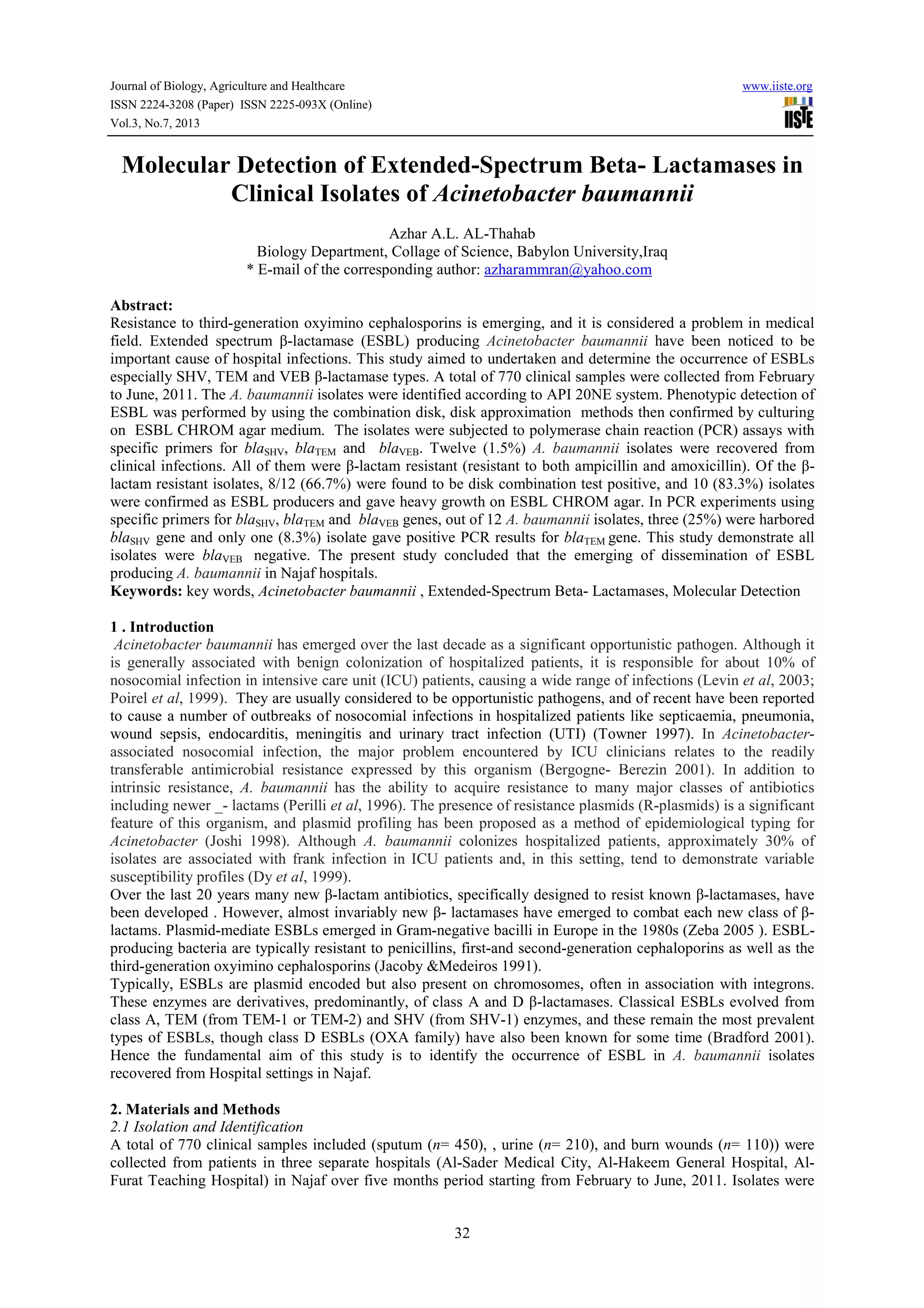 Molecular Detection Of Extended Spectrum Beta Lactamases In Clinical Isolates Of Acinetobacter