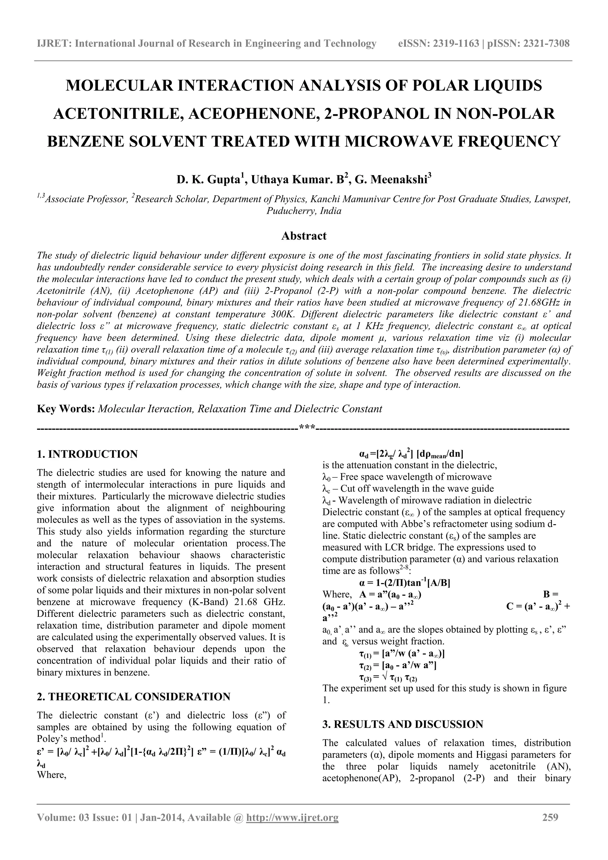 Molecular interaction analysis of polar liquids acetonitrile, aceophenone, 2 propanol in non ...