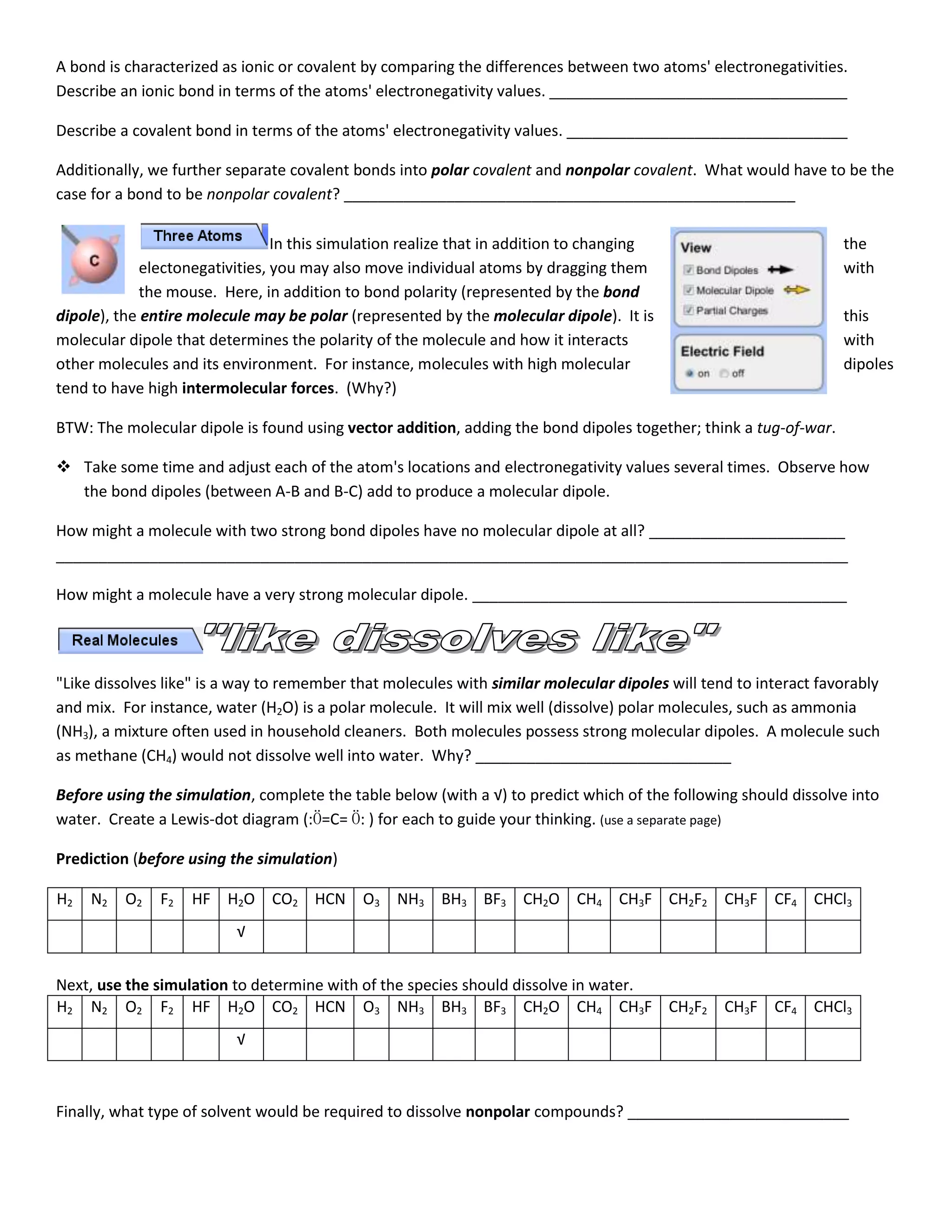 Molecular polarity phet lab | DOCX