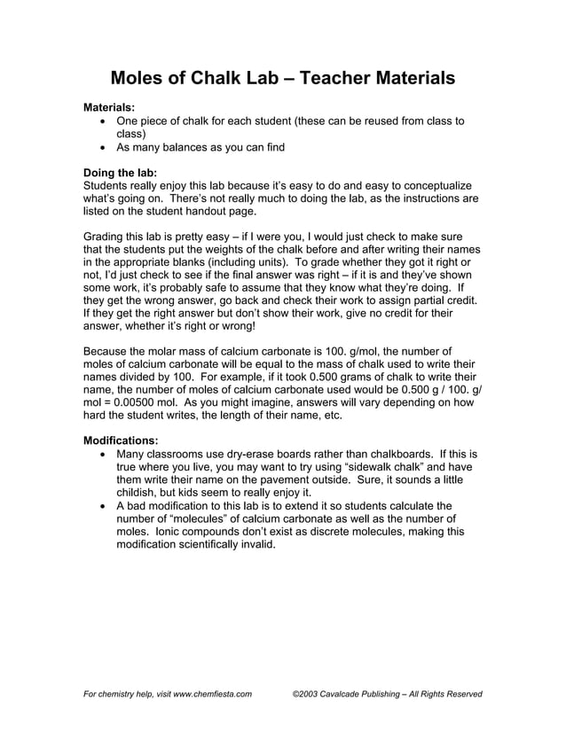Chemistry - Moles of Chalk Lab | DOC | Chemistry | Science