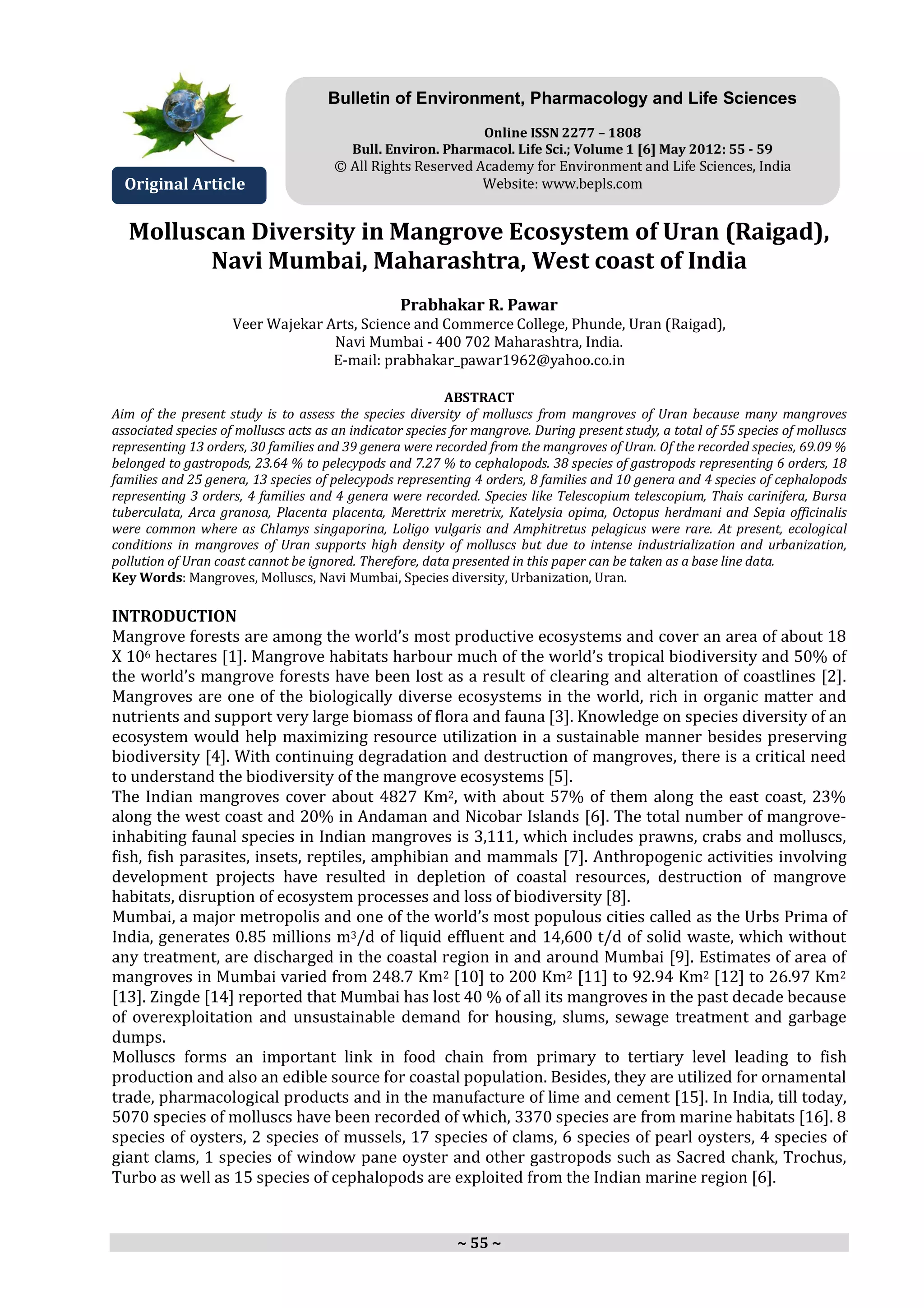 Molluscan diversity in mangroves of uran | PDF