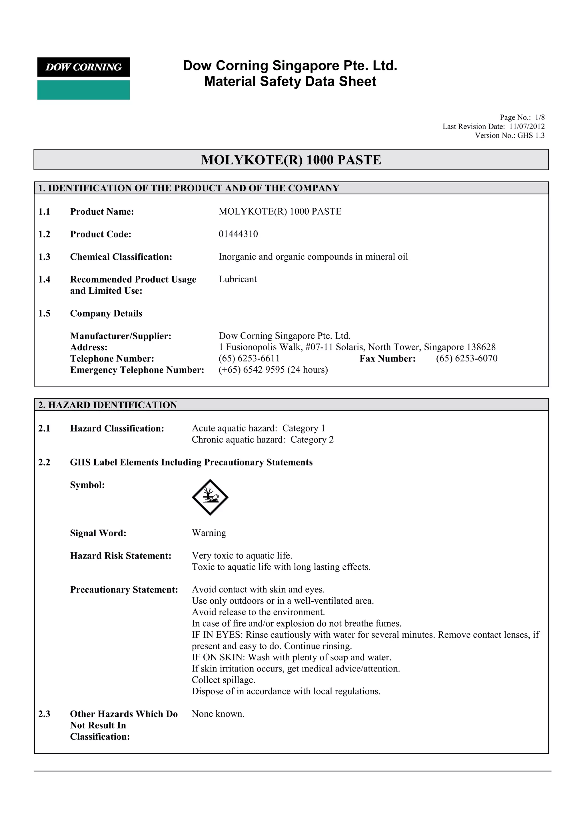 Dow Corning Singapore Paste MSDS | PDF