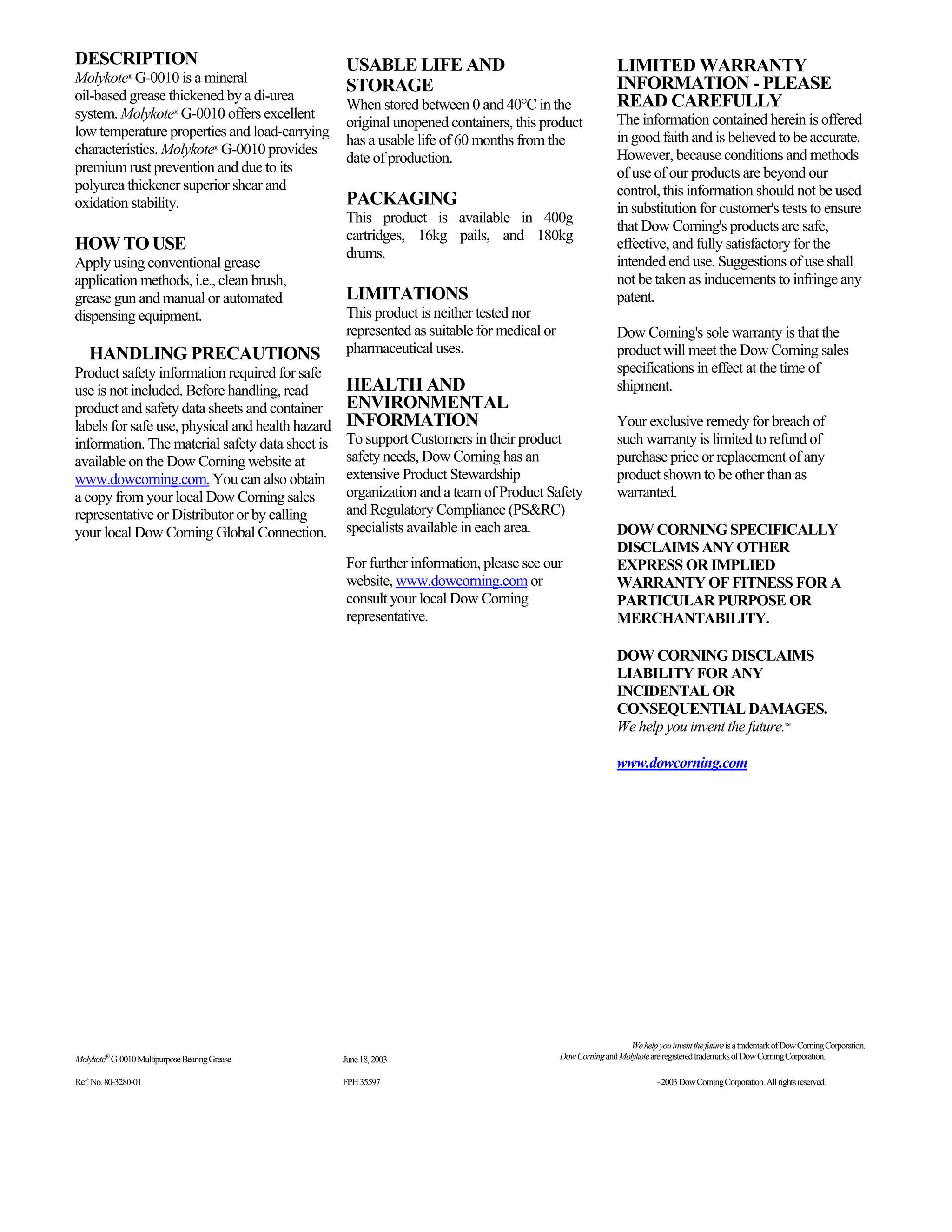 Molykote g 0010 polyurea grease | PDF | Commodities | Economy