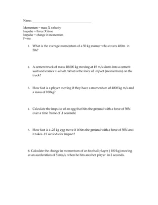 Momentum Problem Quiz | DOC