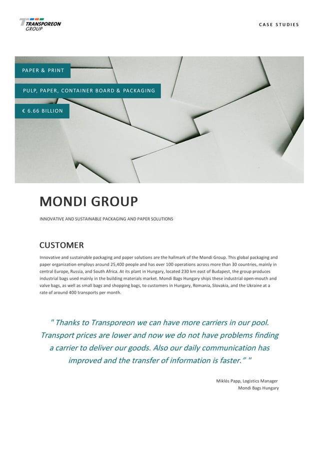 Mondi Group TRANSPOREON Group Case Study | PDF
