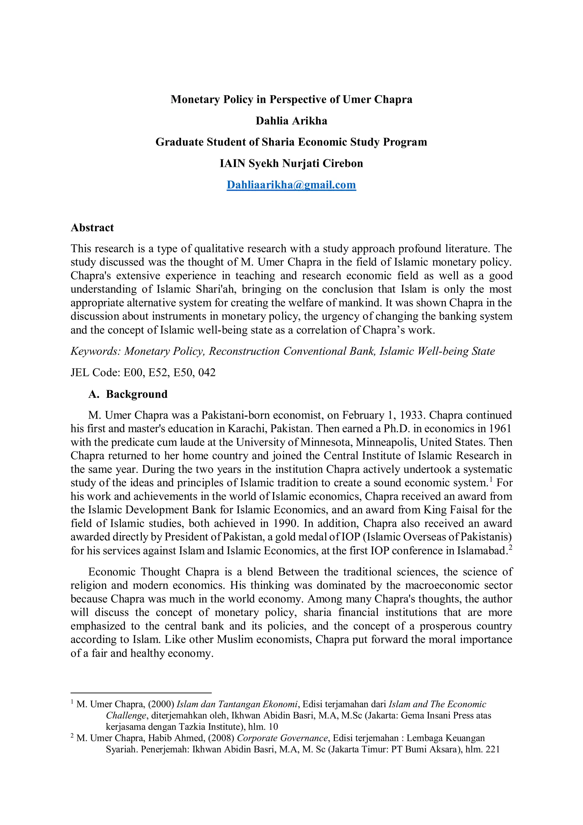 Monetary Policy of Umer Chapra | PDF