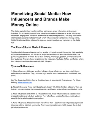 Monetizing Social Media- How Influencers and Brands Make Money Online | PDF