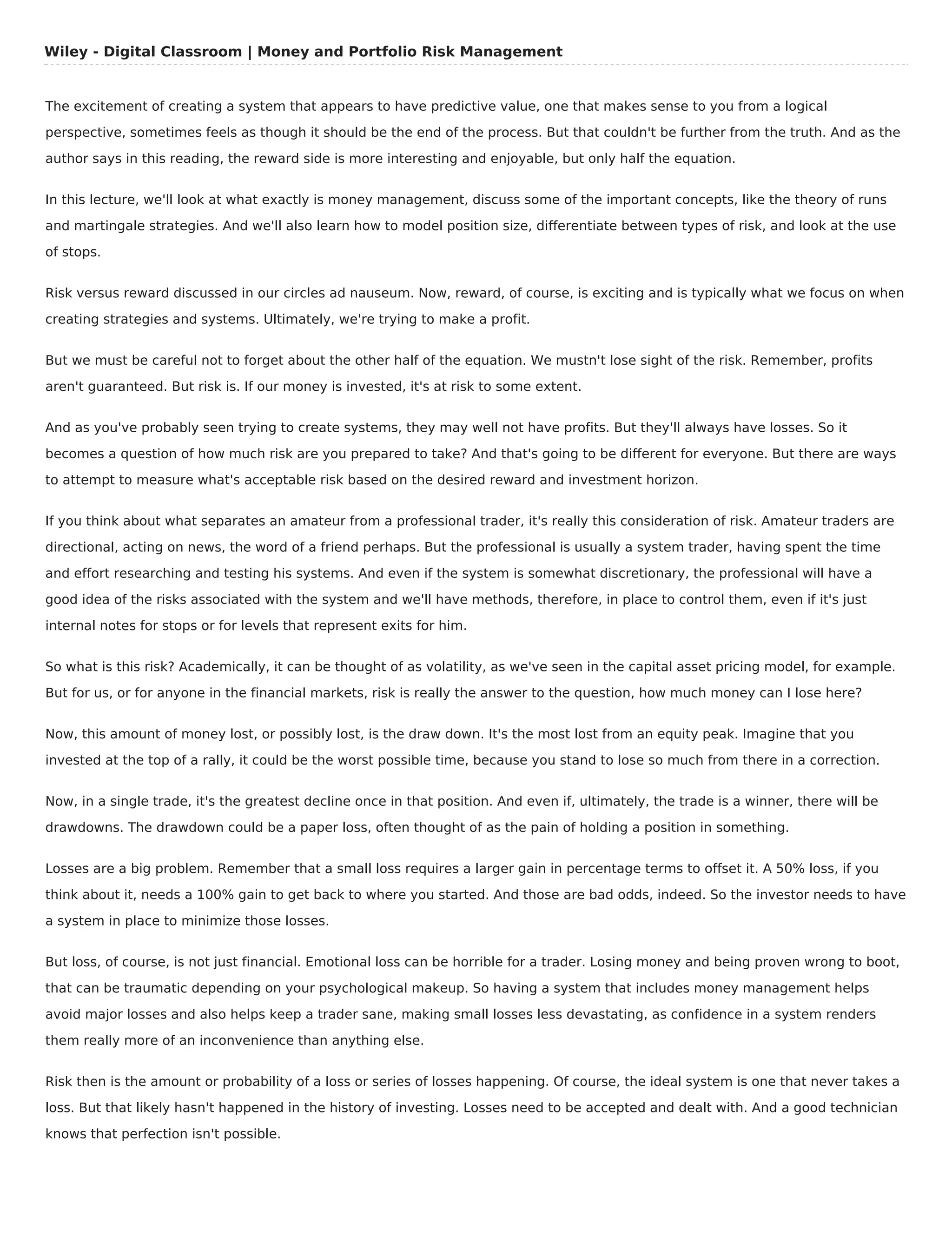 Document of Money and Portfolio Risk Management for finacial exam | PDF