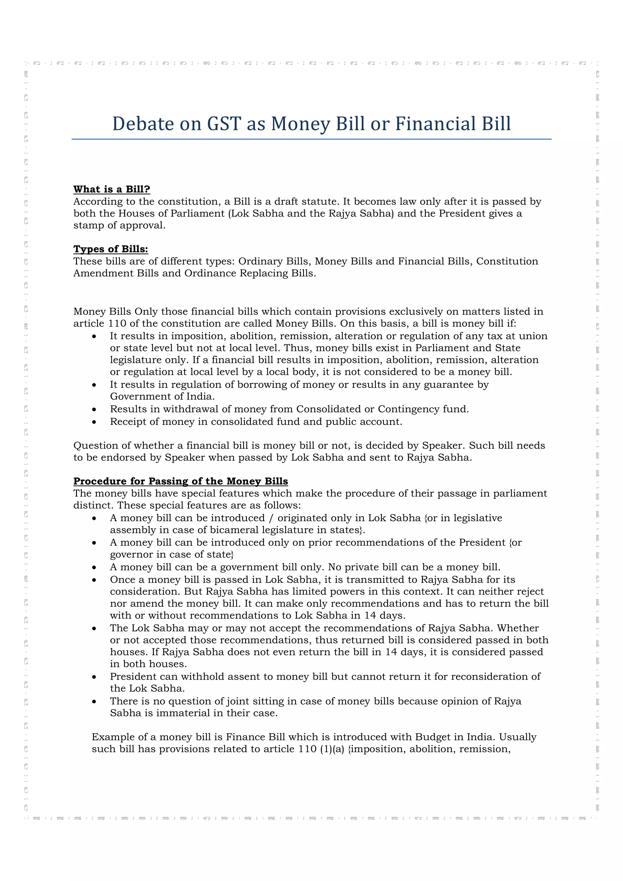 Money bill vs finance bill | PDF