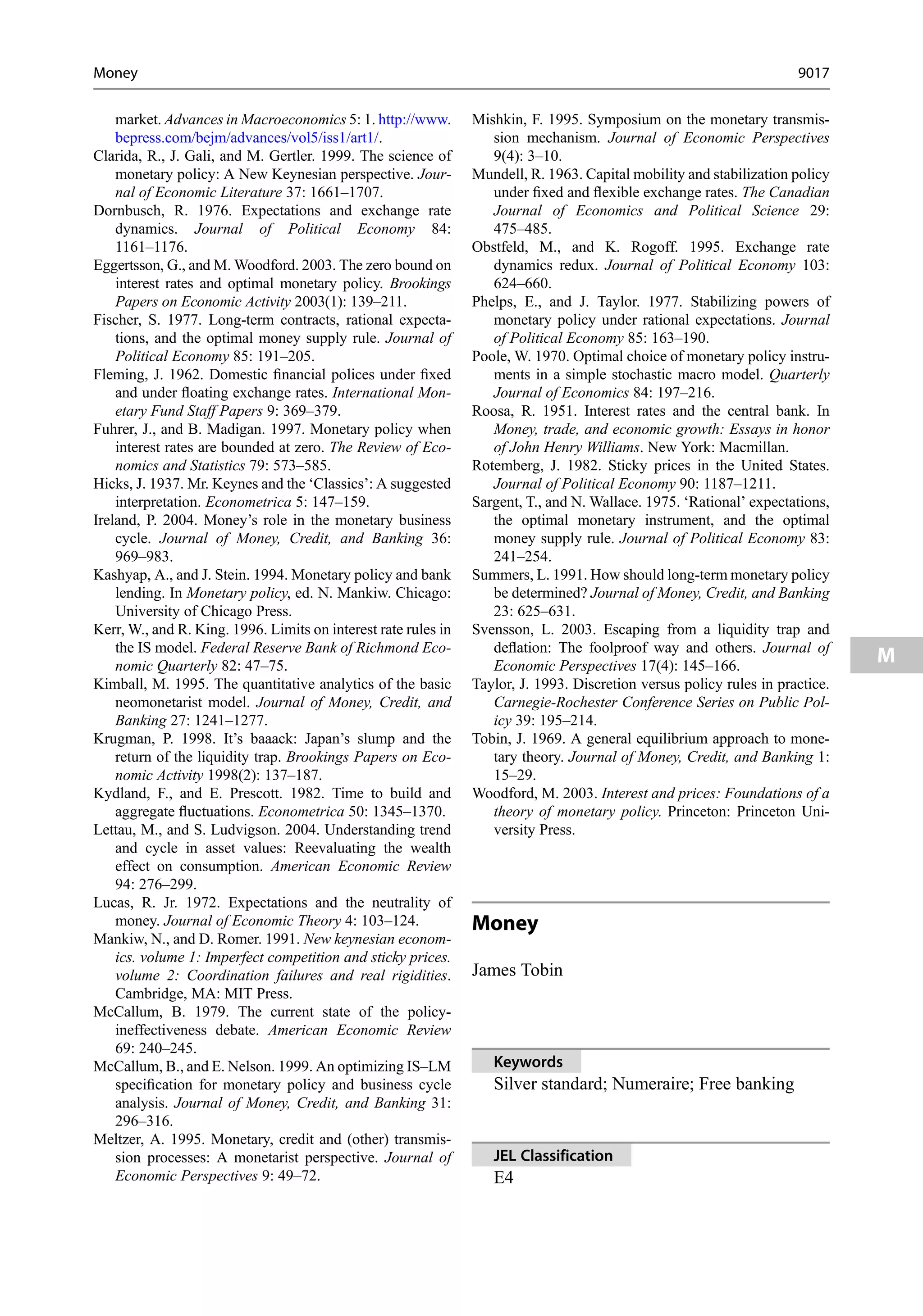 Money by James Tobin in New Palgrave Dictionary of Economics | PDF