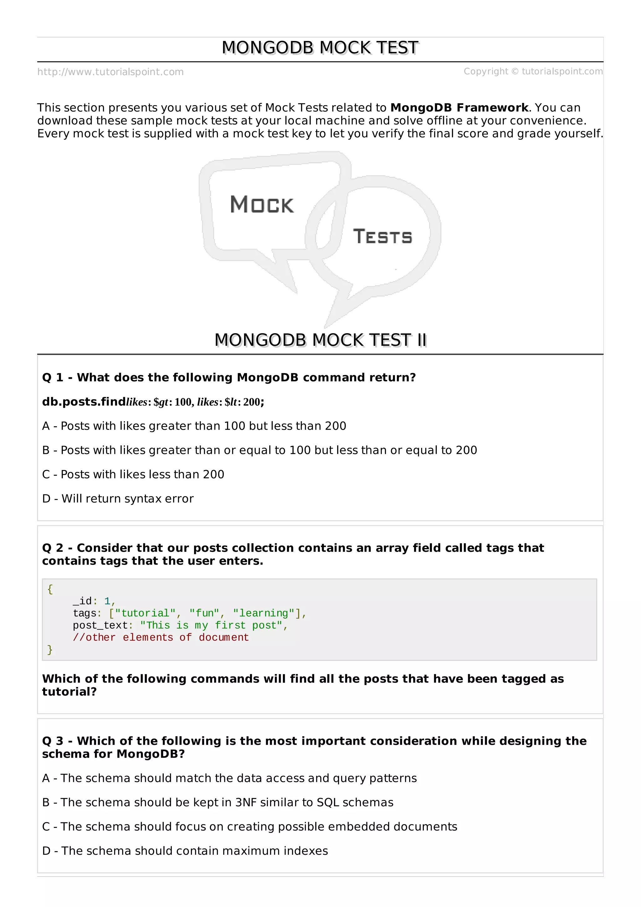 Mongodb mock test_ii | PDF