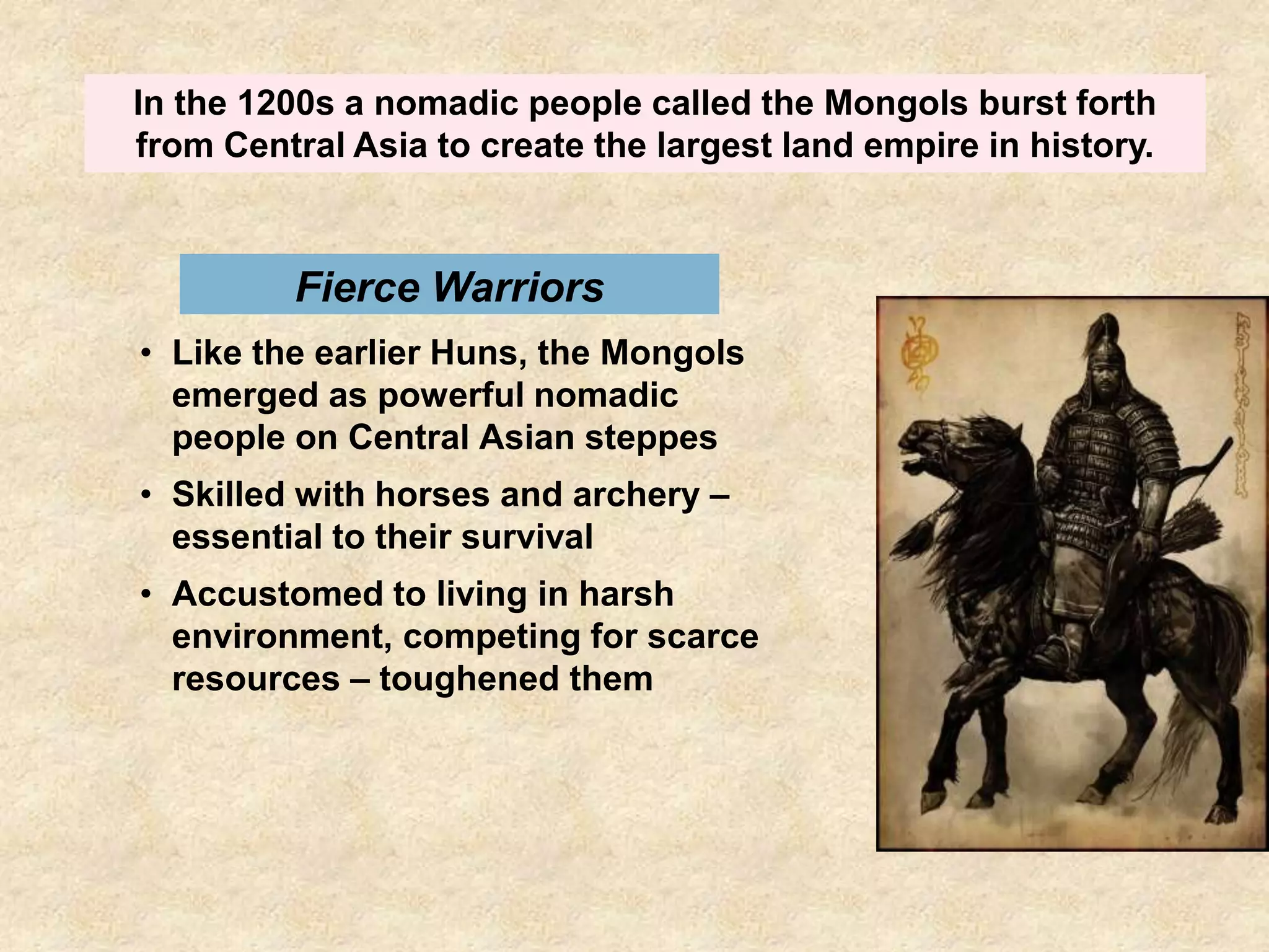 Mongols Genghis Khan origins society, empire | PPTX