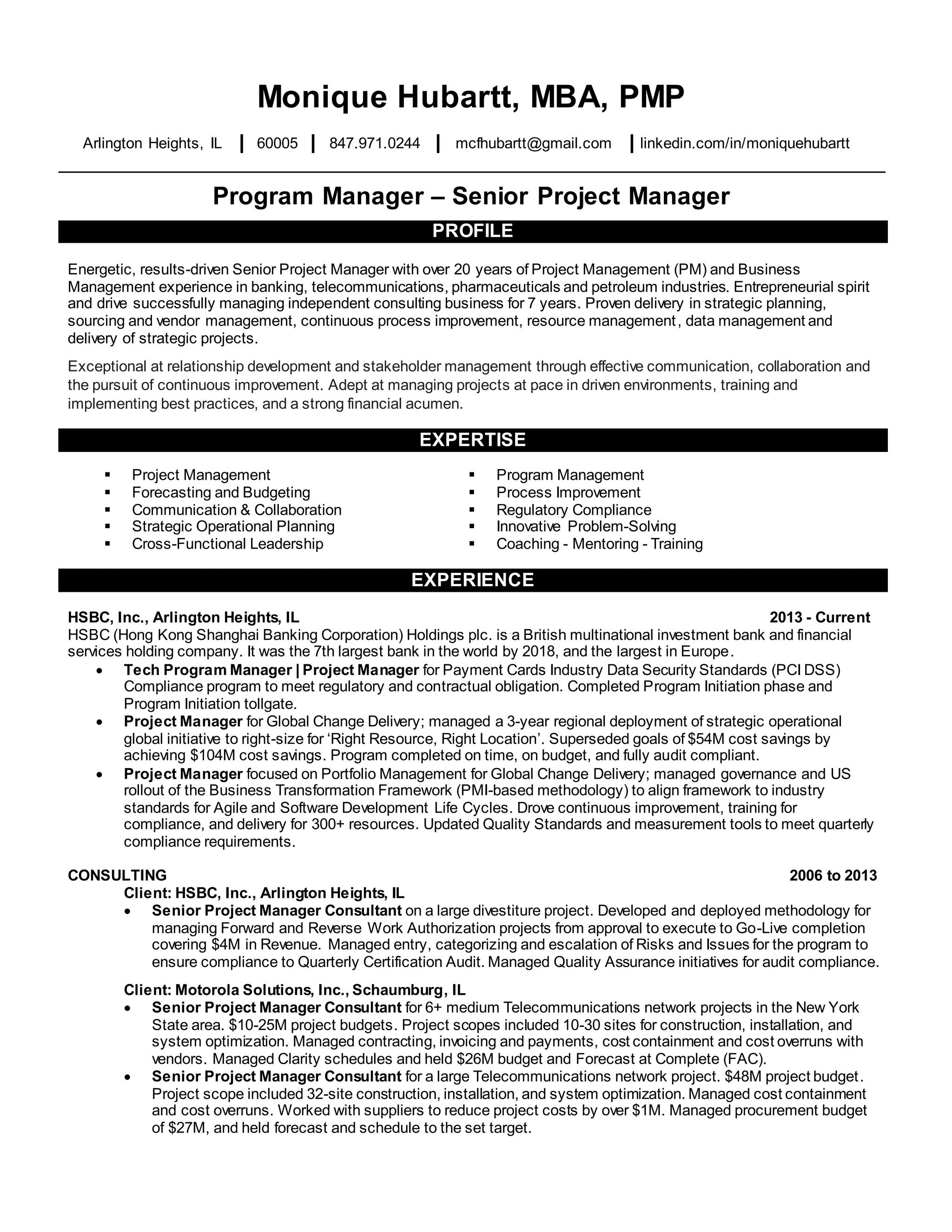 Monique Hubartt PMP Resume | DOC