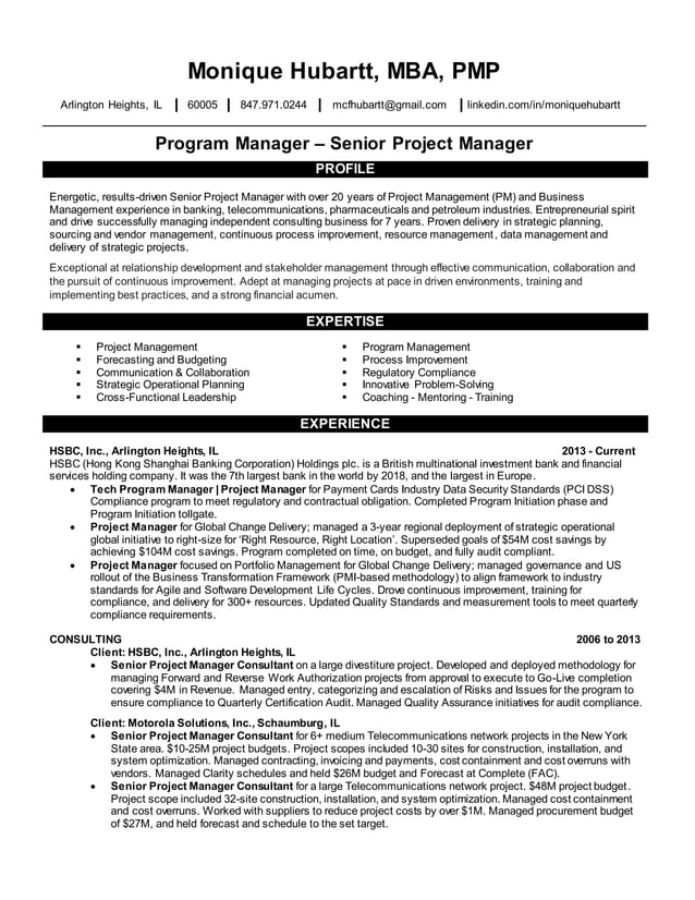 Monique Hubartt PMP Resume | DOC