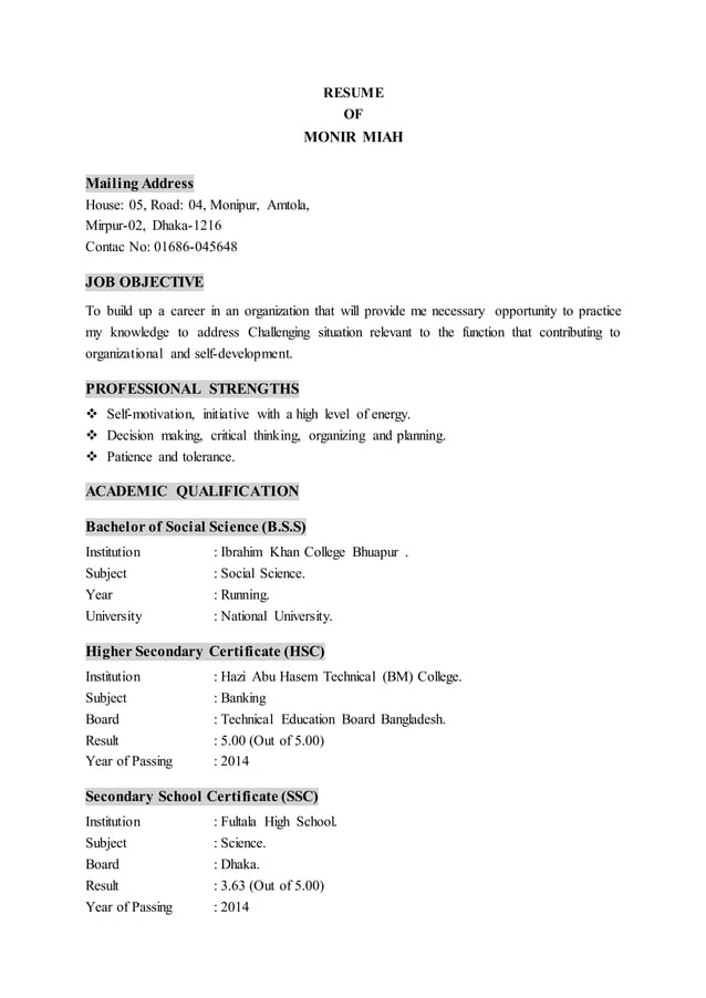 Monir cv | DOCX | Secondary Education | Education